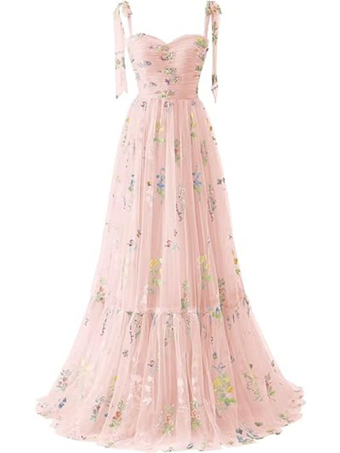 A-line Sleeves Straps Embroidery Tulle Prom Dress