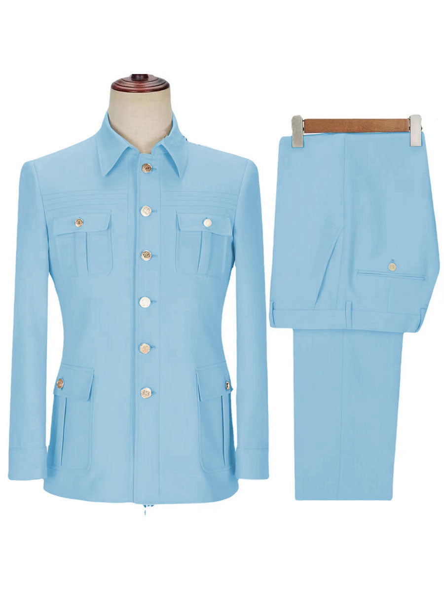 Single Breasted 2 Pieces Men's Suits Slim Fit Solid Color Sky Blue Man