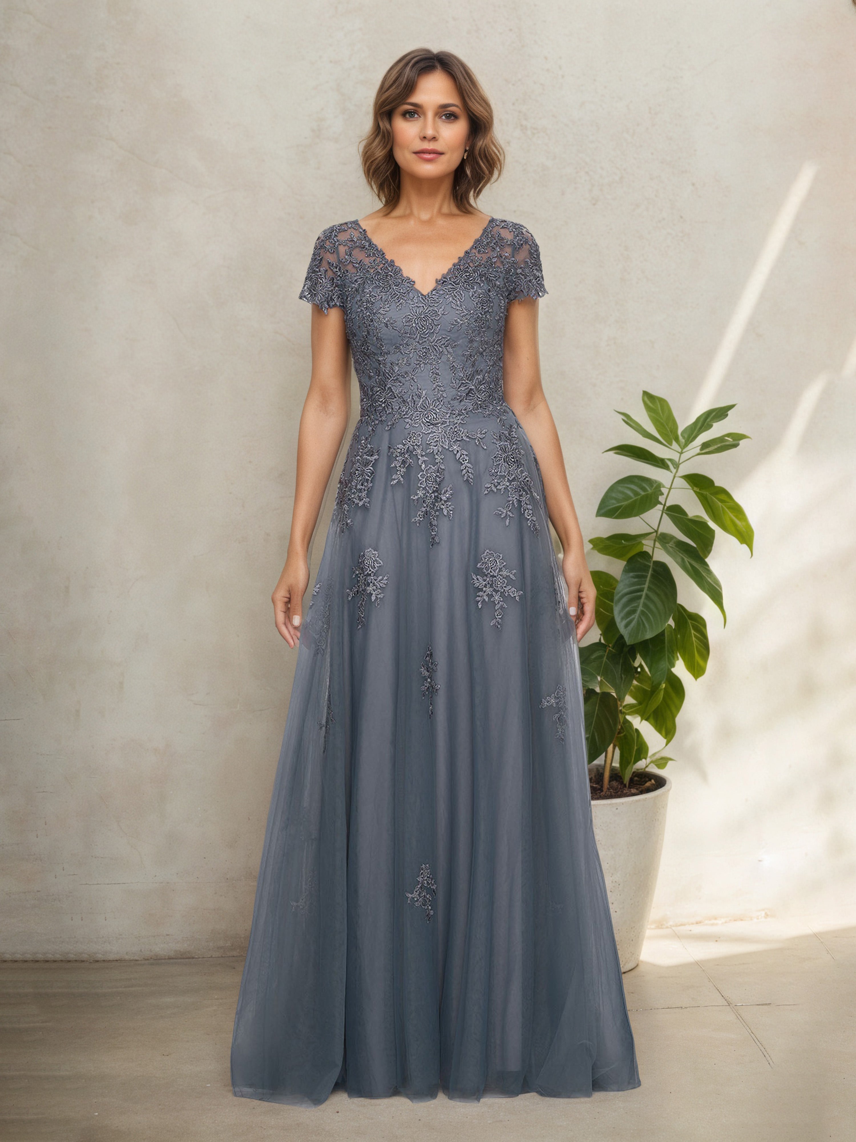 Slate Blue Lace Short Sleeves V-Neck Mother Of The Bride Dress