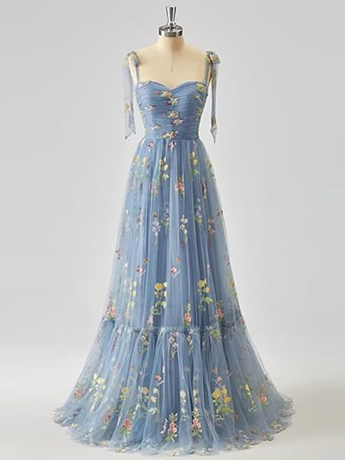 A-line Sleeves Straps Embroidery Tulle Prom Dress