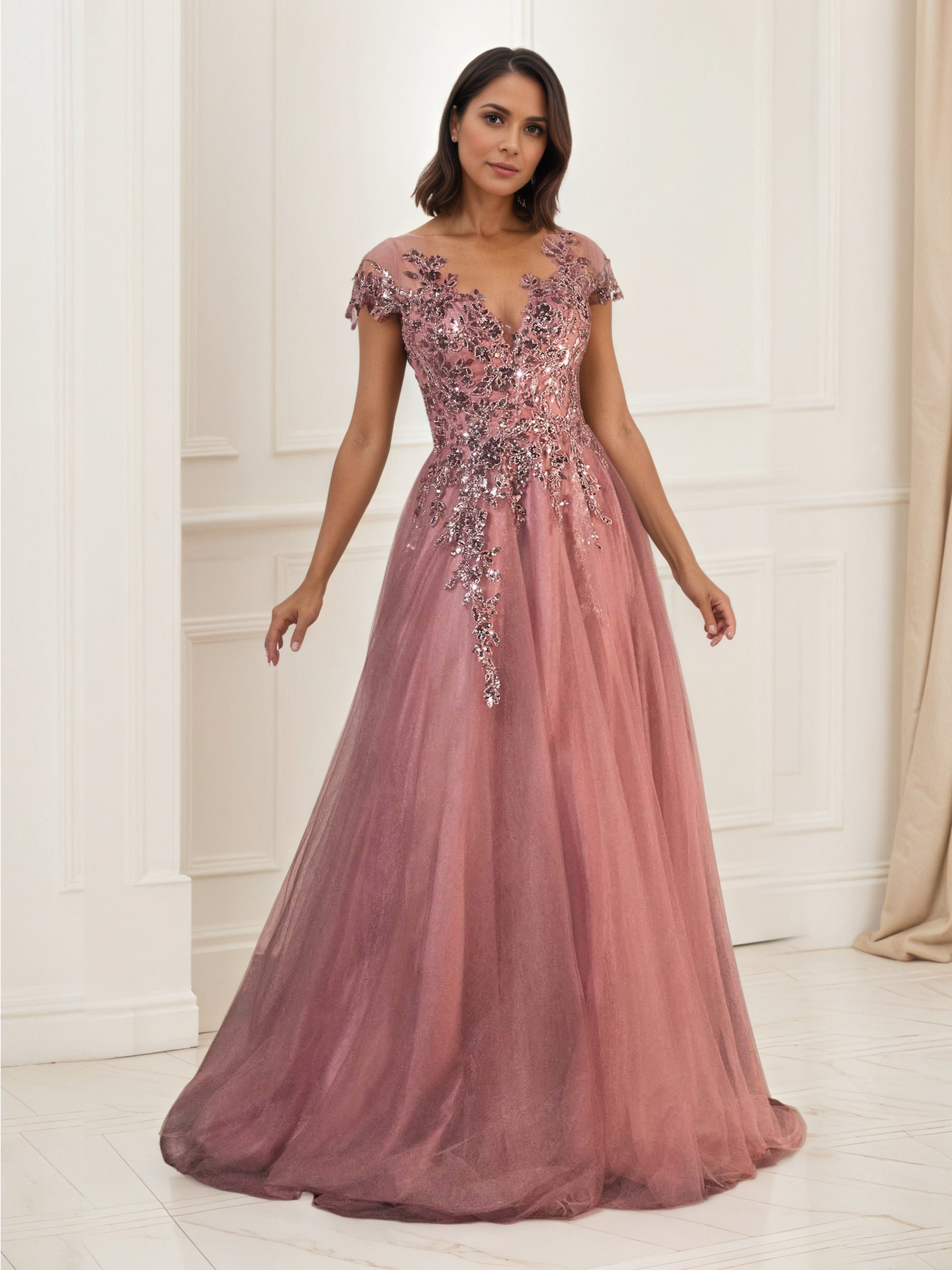 Sparkly Sequins Dusty Rose Prom Dress Appliqued Tulle V Neck Prom Dres