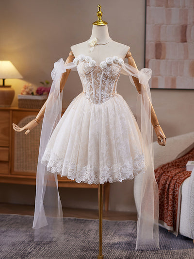 Elegant White Lace Princess Rose Sweetheart Strapless 3D Flower Bodice