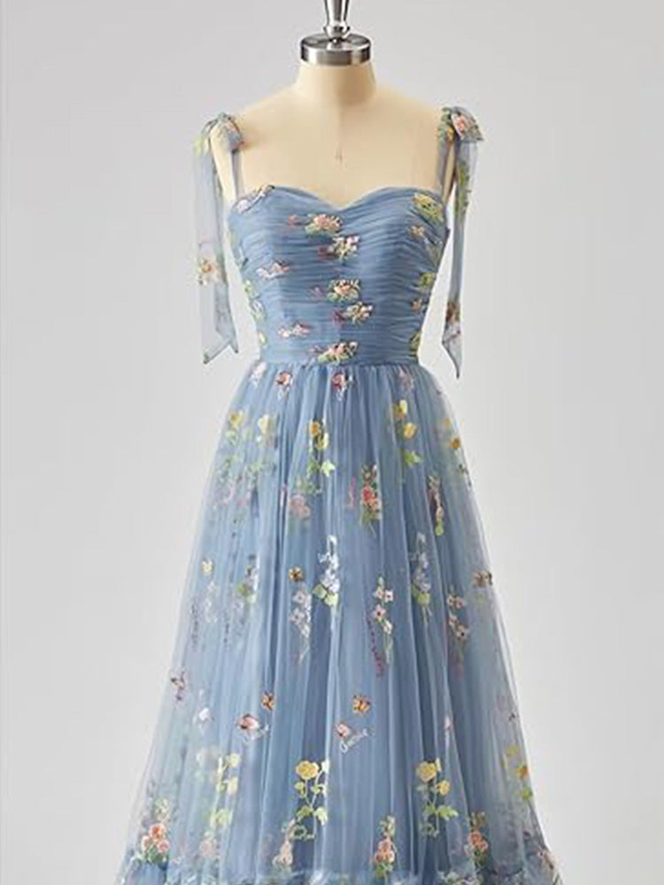 A-line Sleeves Straps Embroidery Tulle Prom Dress