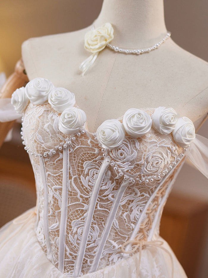 Elegant White Lace Princess Rose Sweetheart Strapless 3D Flower Bodice