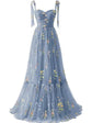 A-line Sleeves Straps Embroidery Tulle Prom Dress
