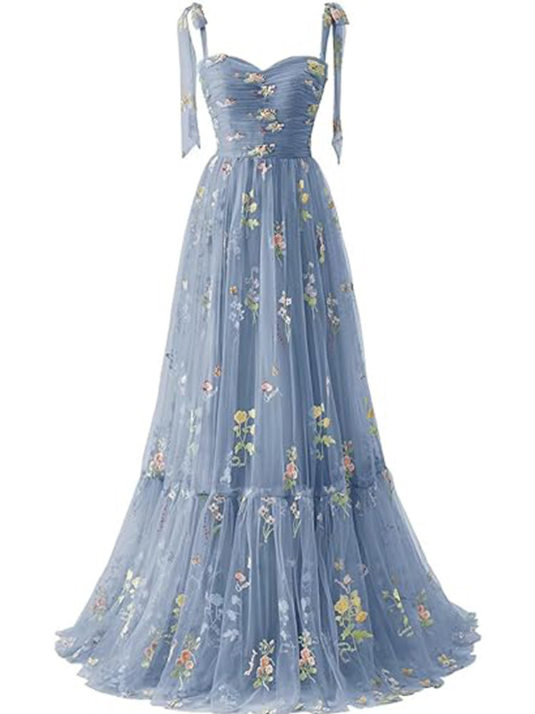 A-line Sleeves Straps Embroidery Tulle Prom Dress