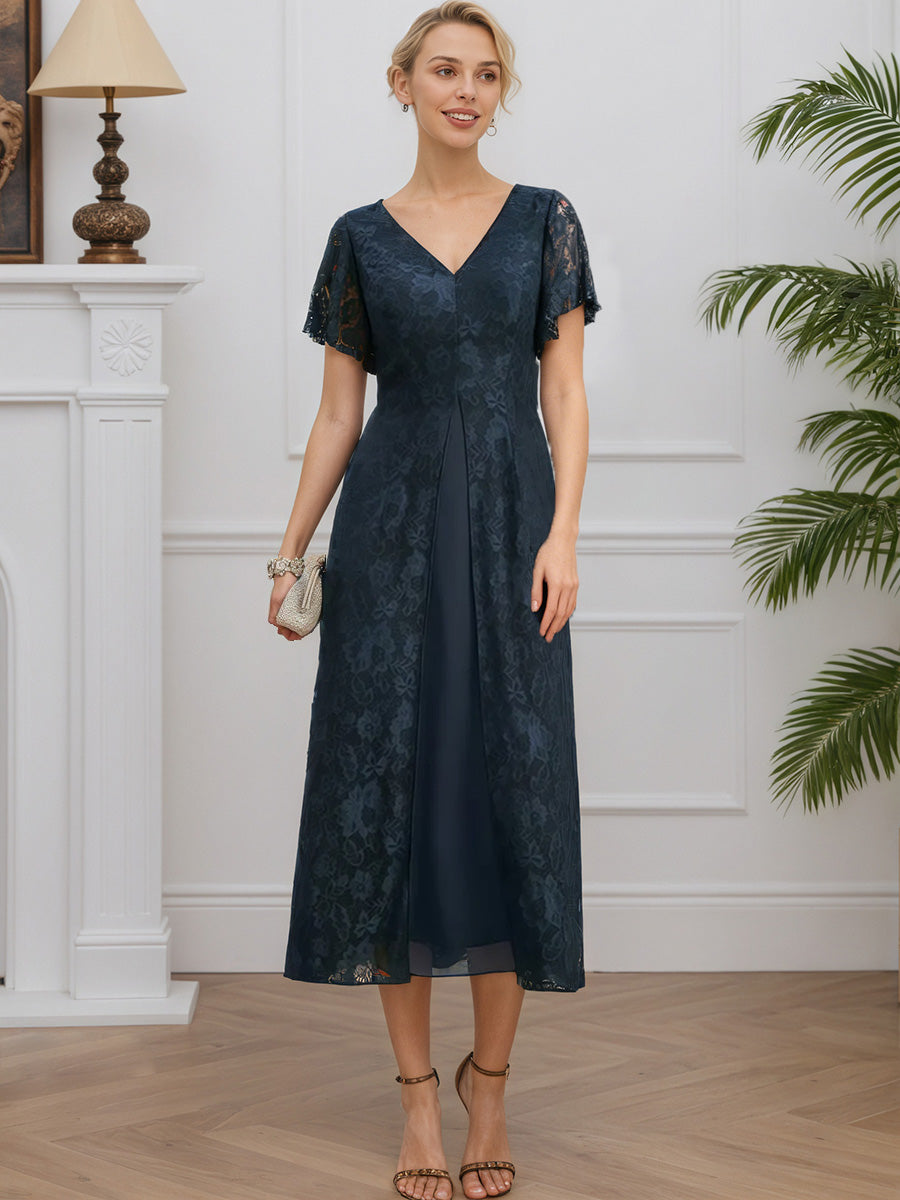 Cicinia Dark Navy Mother Of The Bride Dresses Chiffon Lace A-Line Tea