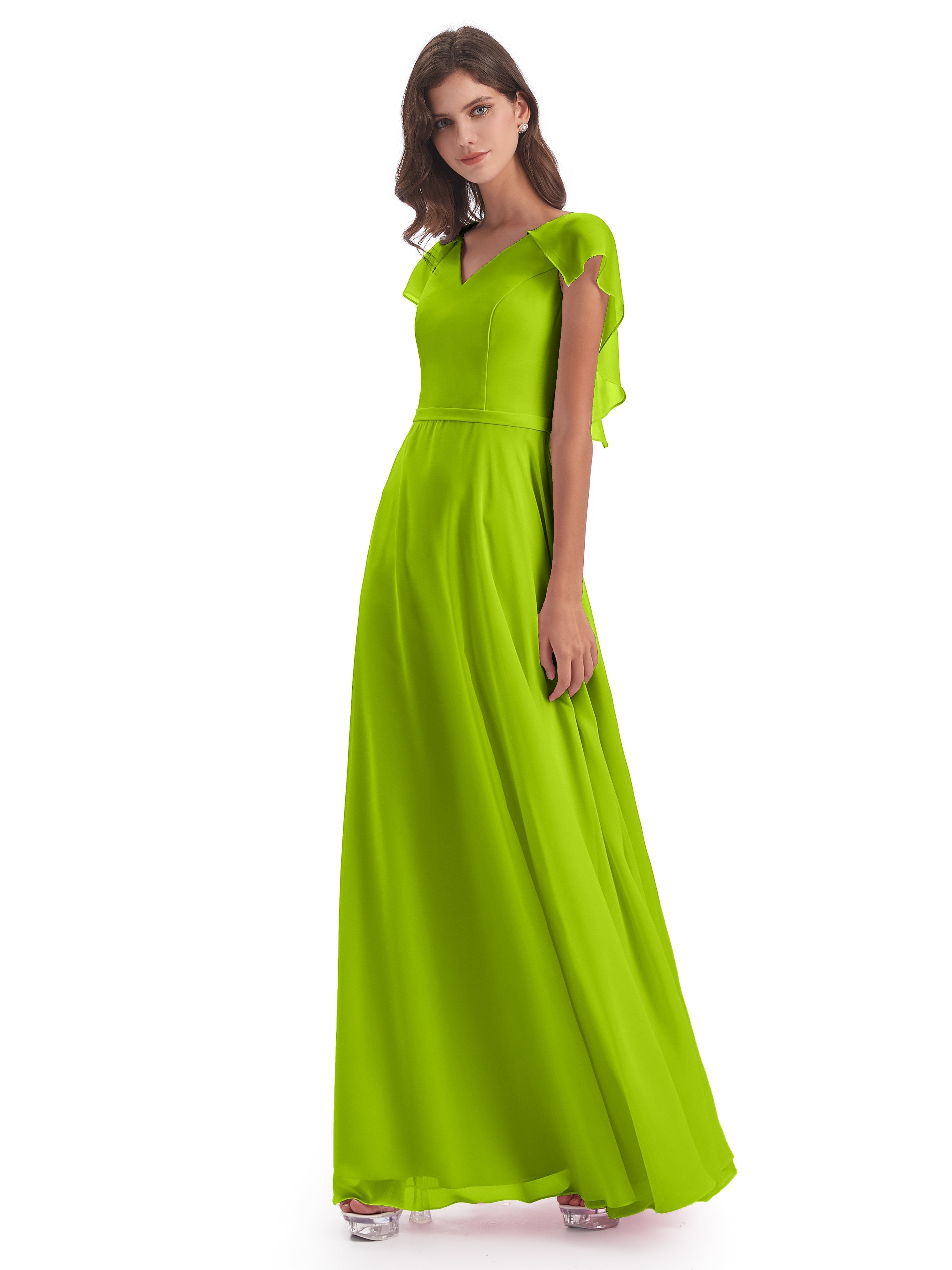 Lime Green Bridesmaid Paityn A-Line V-Neck Flowy Chiffon Bridesmaid Dr