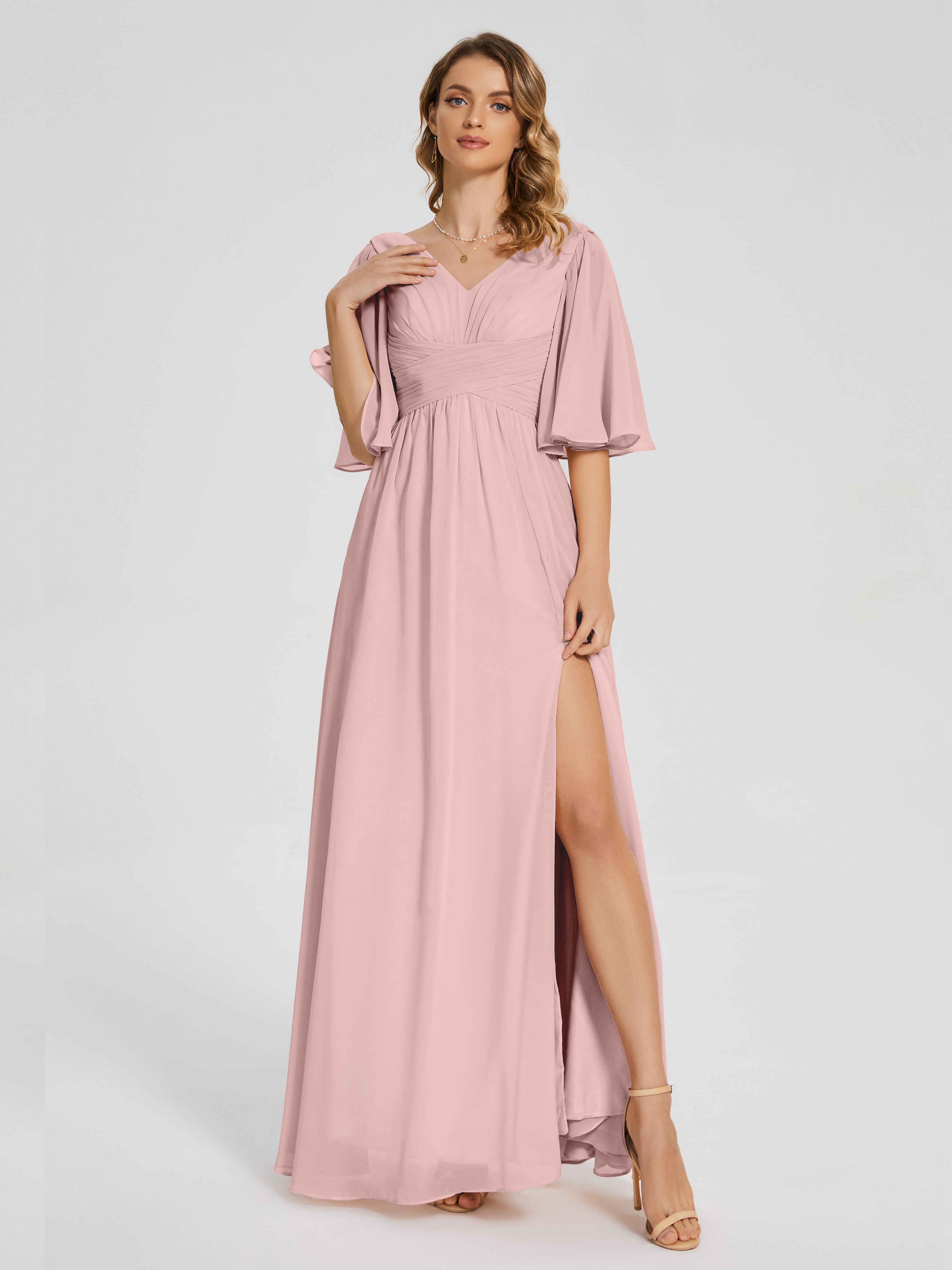 Dusty Rose Bridesmaid Dress Amina Modest Half Sleeves Chiffon Bridesma