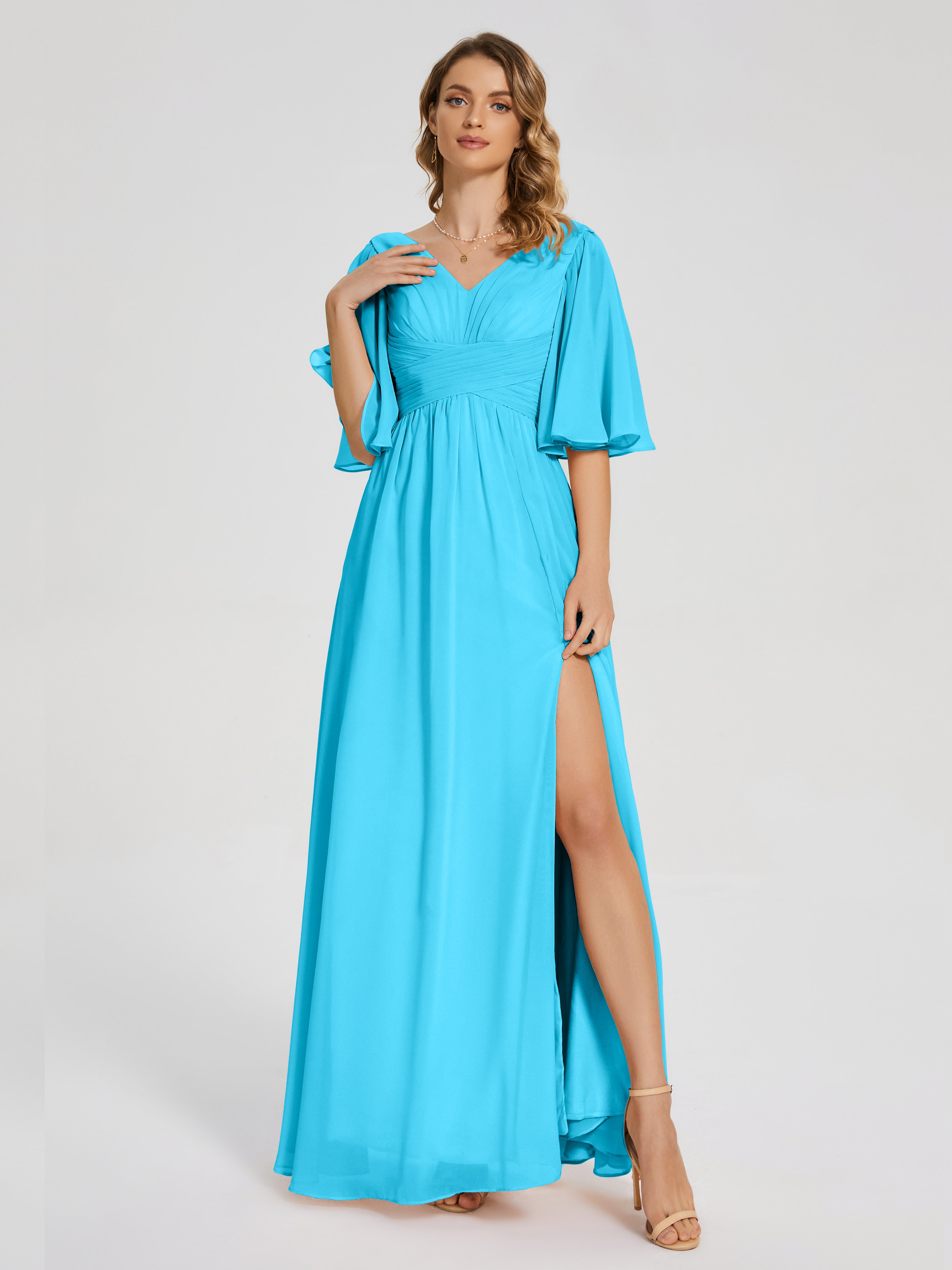 Pool Blue Bridesmaid Dress Amina Modest Half Sleeves Chiffon Bridesmai
