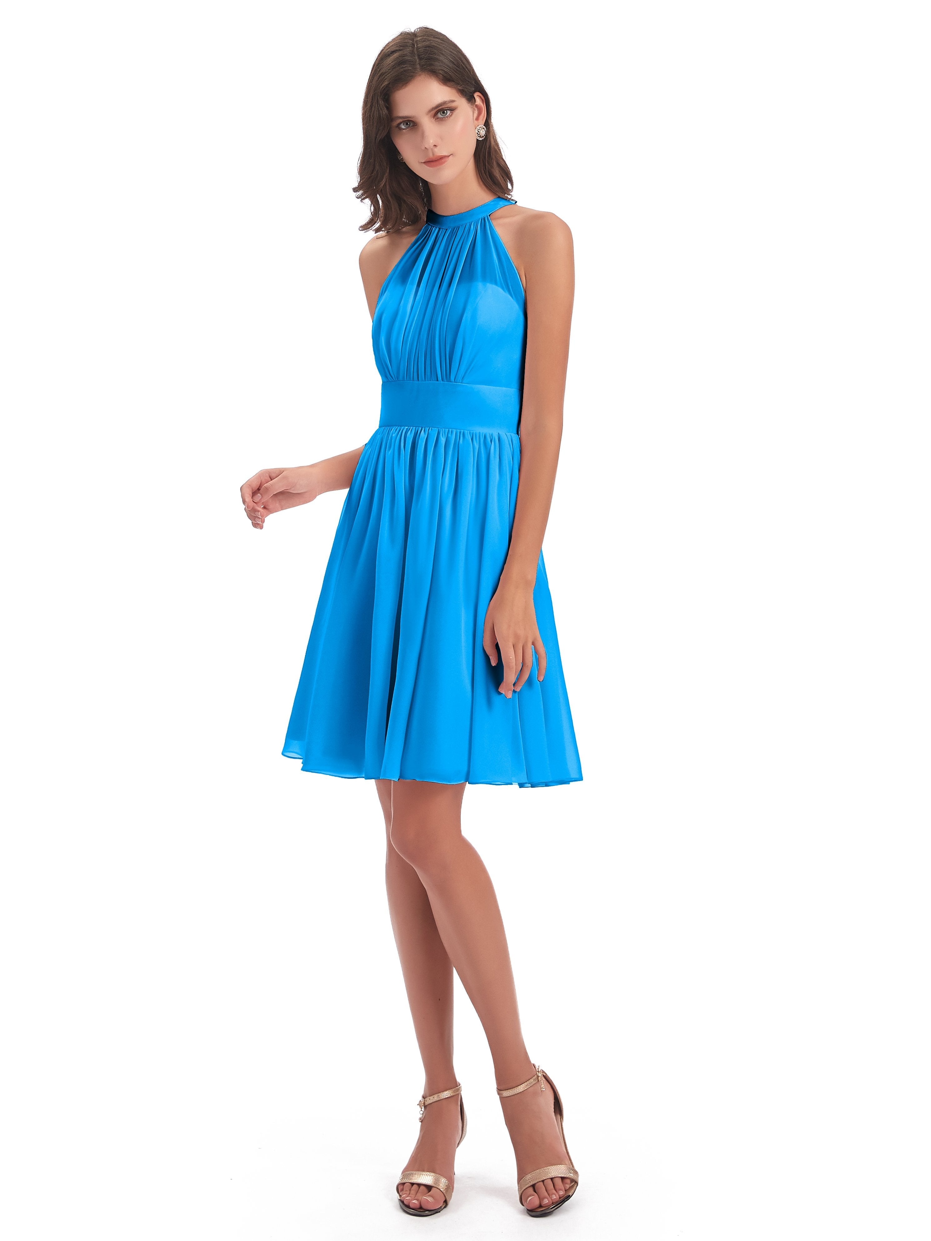 Ocean Blue Color Bridesmaid Dresses Tegan Dazzling Halter Mini Chiffon
