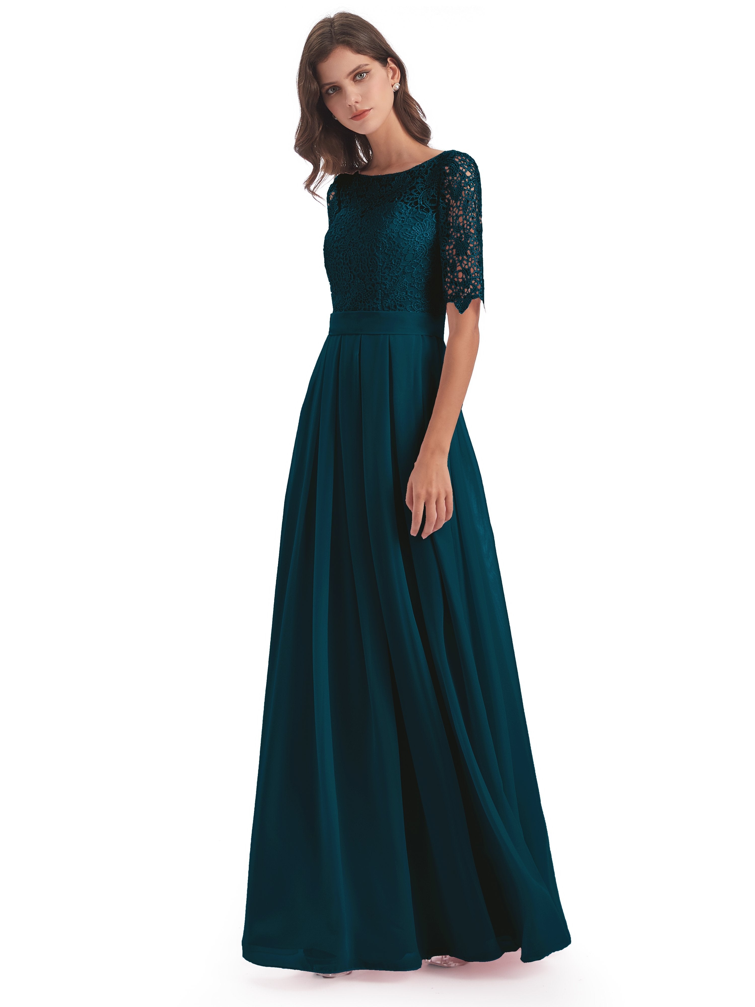 Ink Blue Bridesmaid Dresses Brielle Impressive Lace Half Sleeves Chiff