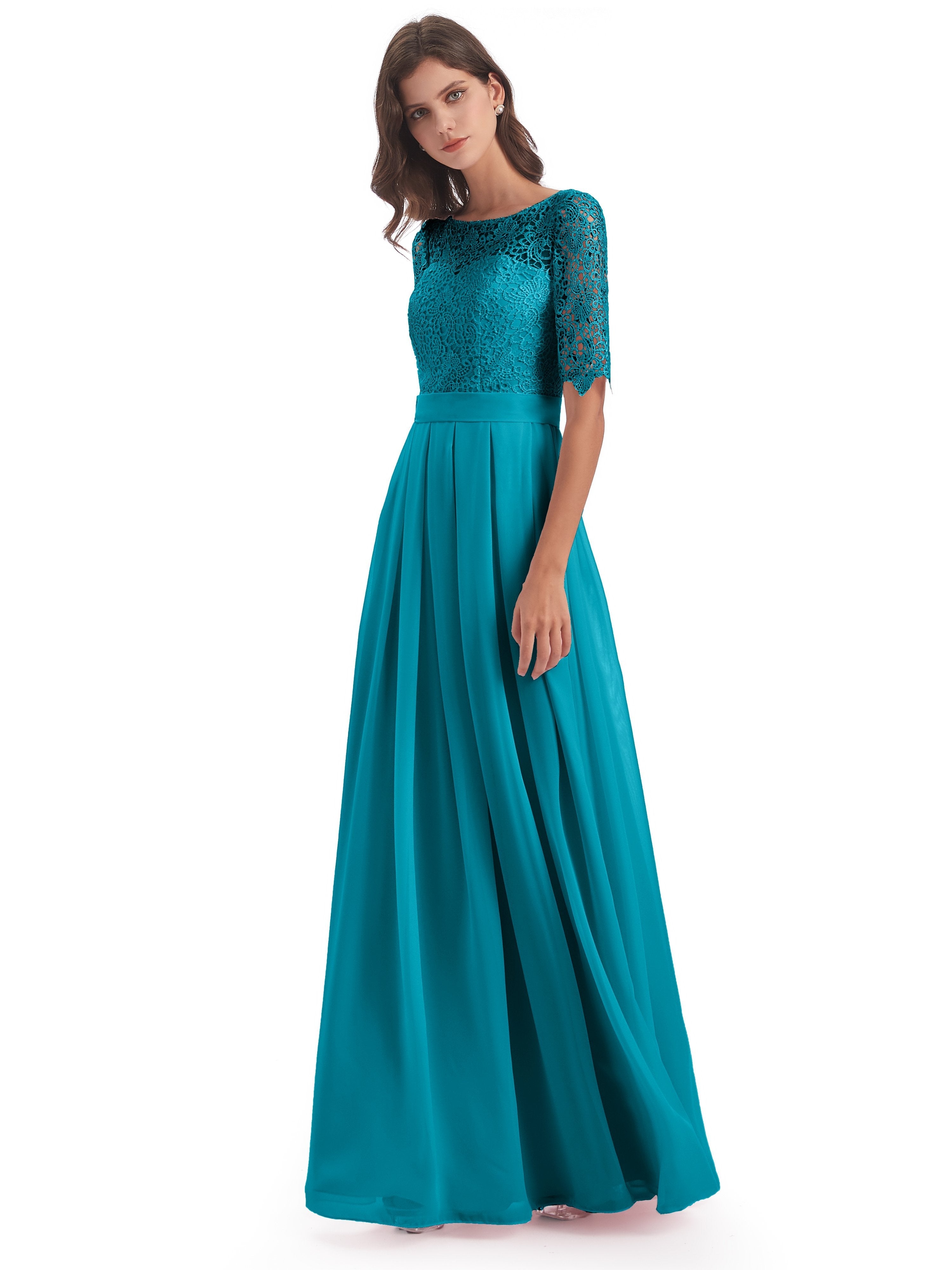Jade Blue Bridesmaid Dresses Brielle Impressive Lace Half Sleeves Chif