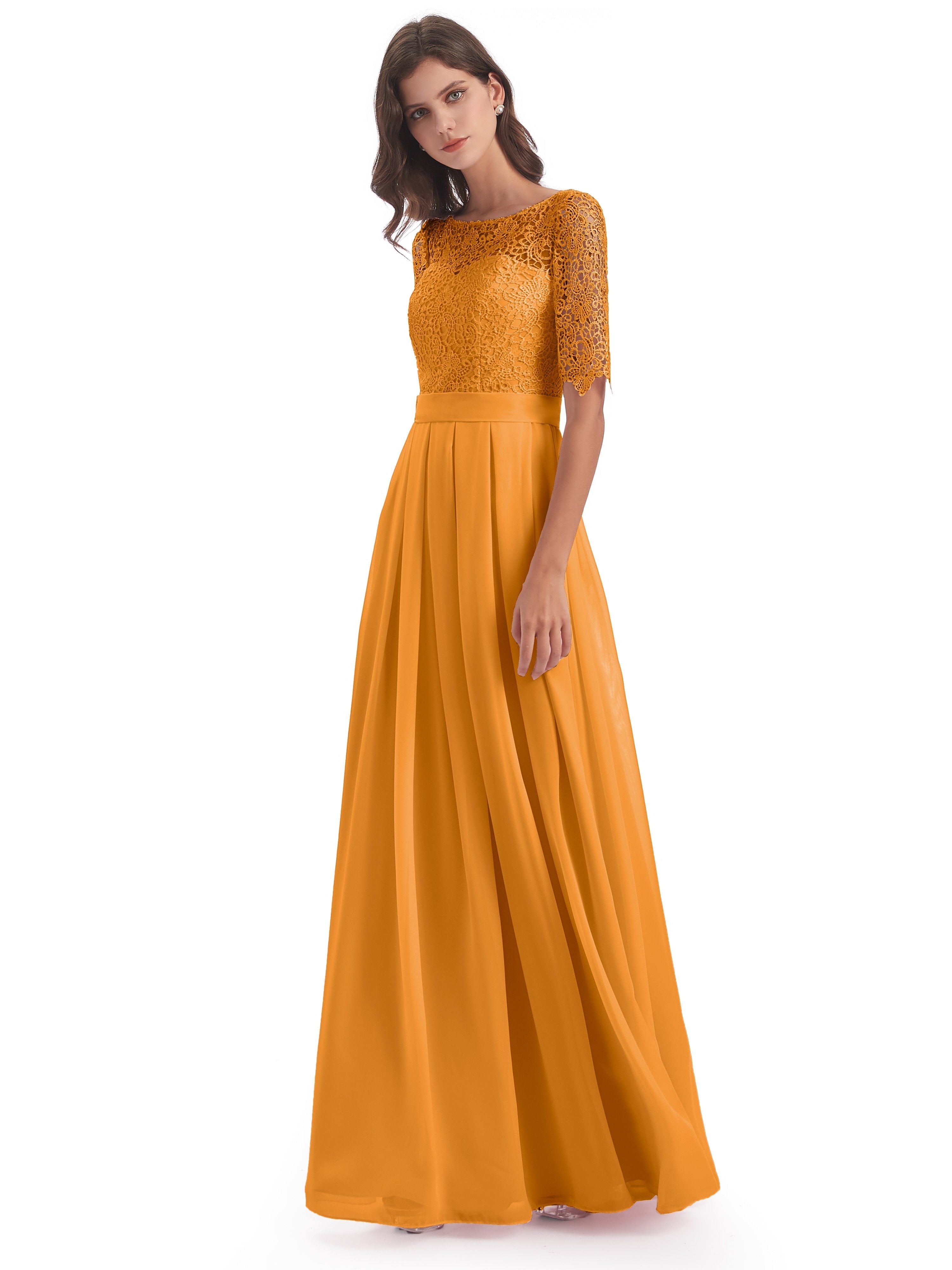 Tangerine Bridesmaid Brielle Impressive Lace Half Sleeves Chiffon Long