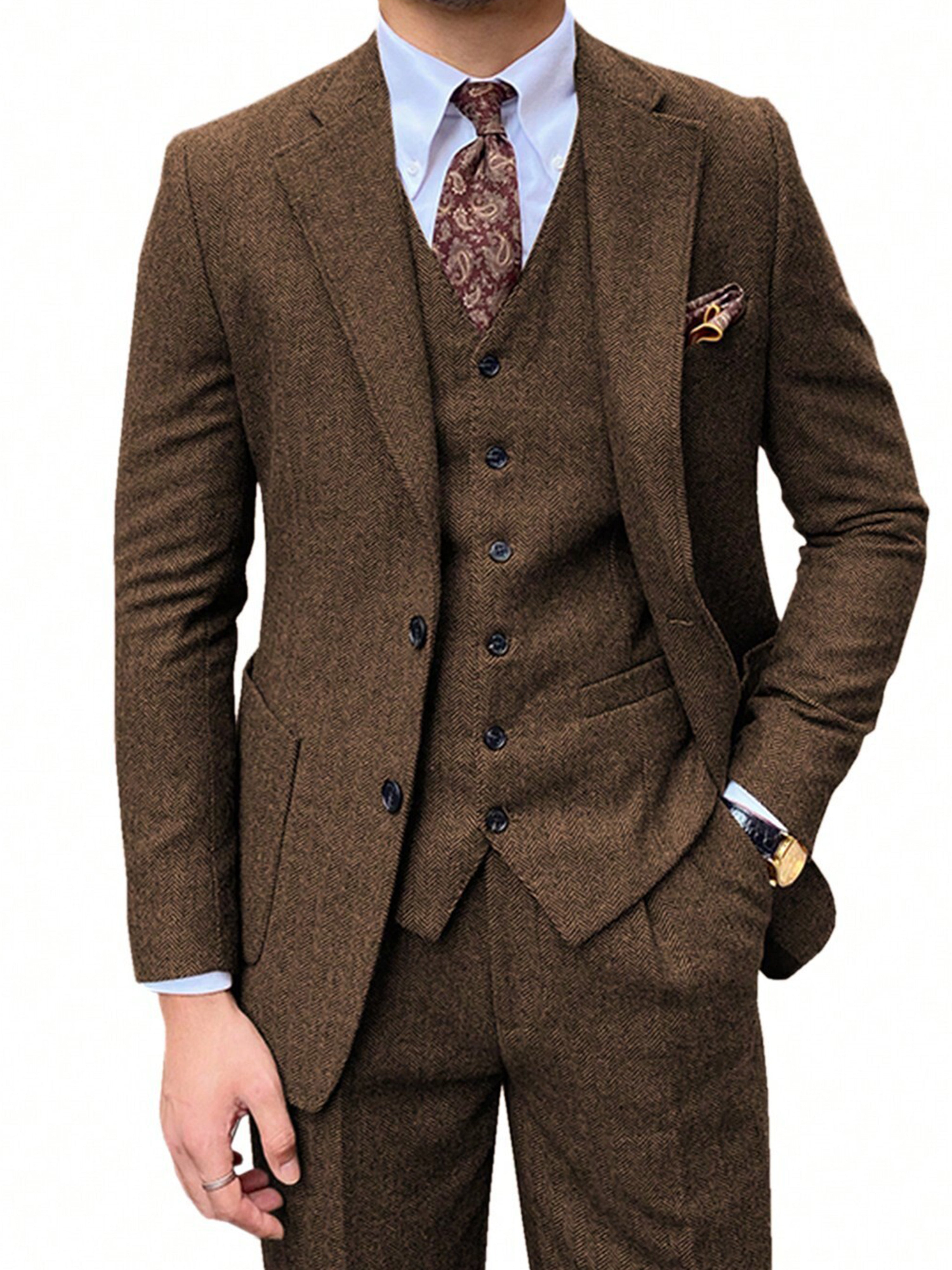 3 Piece Men's Suits Carded Wool Suit with Chevron Pattern New Collecti