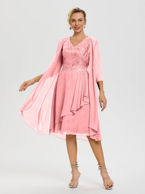 Mother Of The Bride Flamingo Dresses 2 Pieces A Line V Neck Appliqued