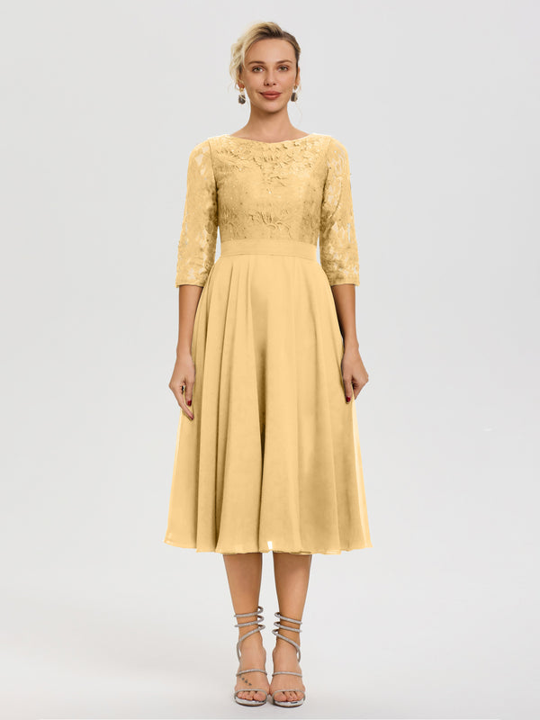 Mother Of The Bride Gold Dresses A Line Lace Top Tea Length Chiffon Mo