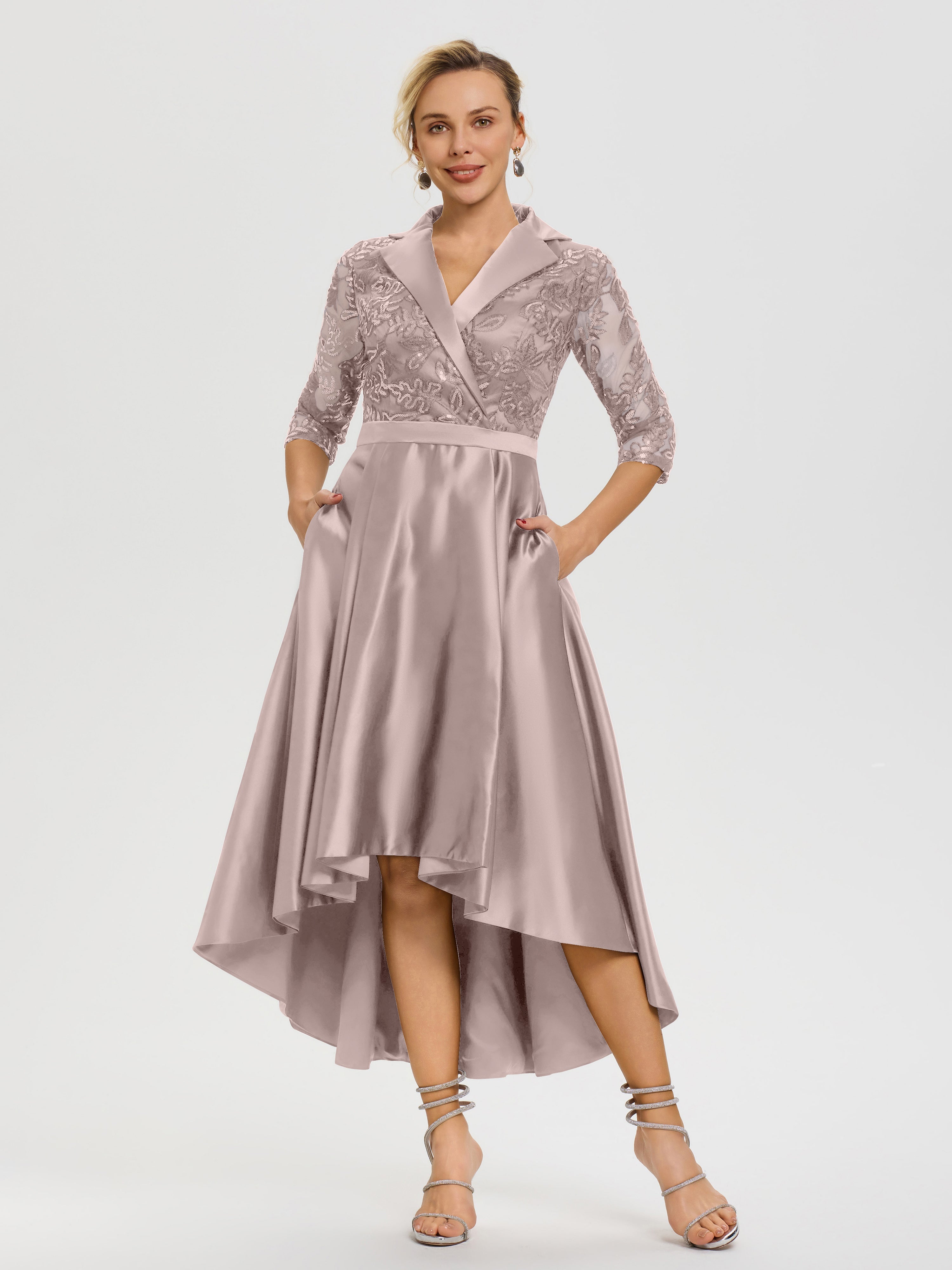 Mother Of The Bride Dusty Rose Sleeves V-Neck Lace High-Low Satin Moth
