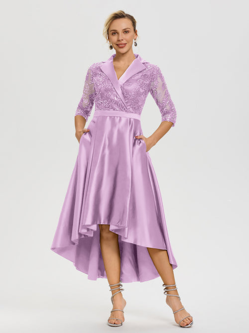 Lilac Dress Mother Of The Bride Sleeves V-Neck Lace High-Low Satin Mot