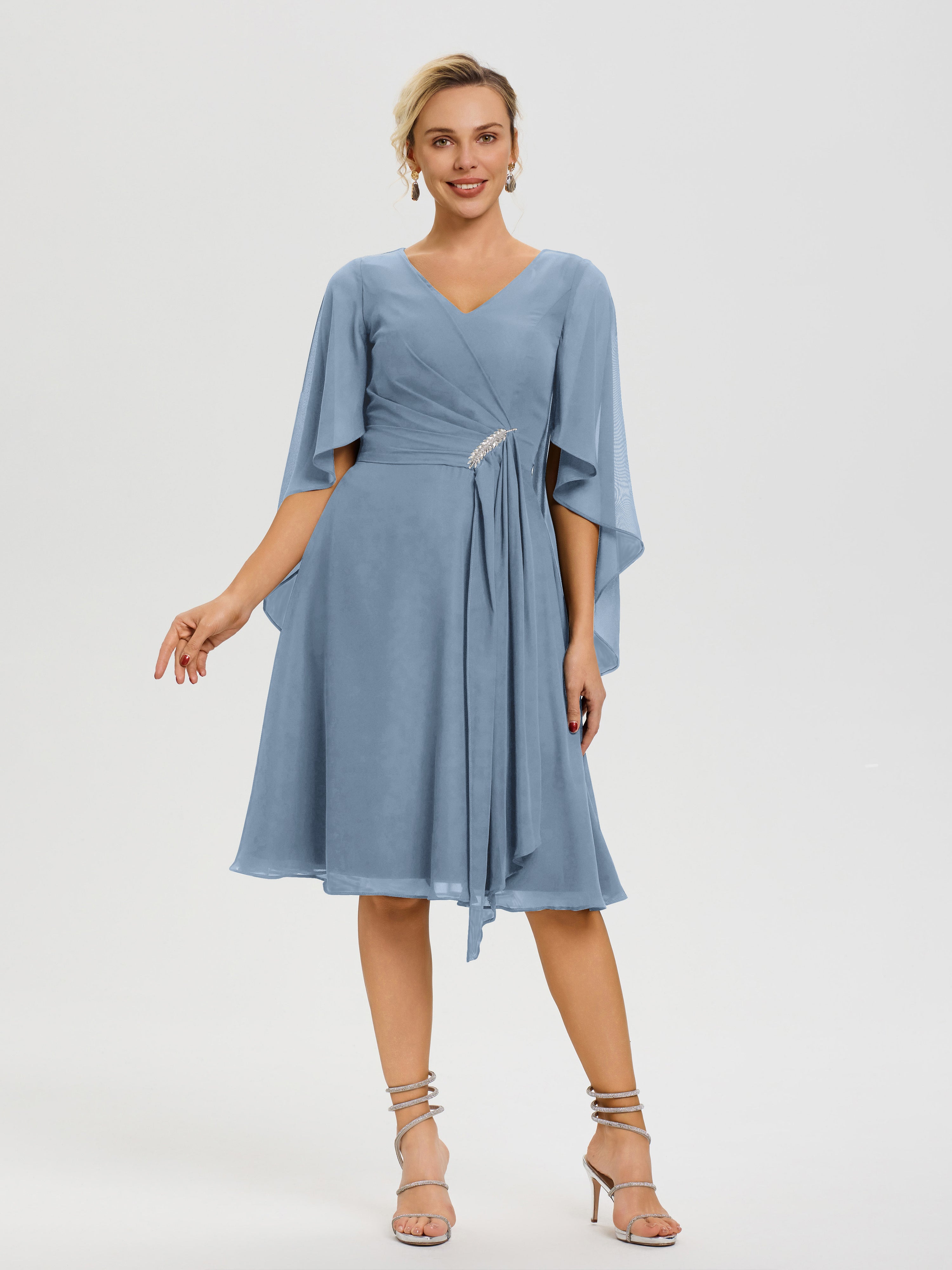 Mother Of Bride Dress Slate Blue Elegant V Neck Ruffle Sleeves Back Zi