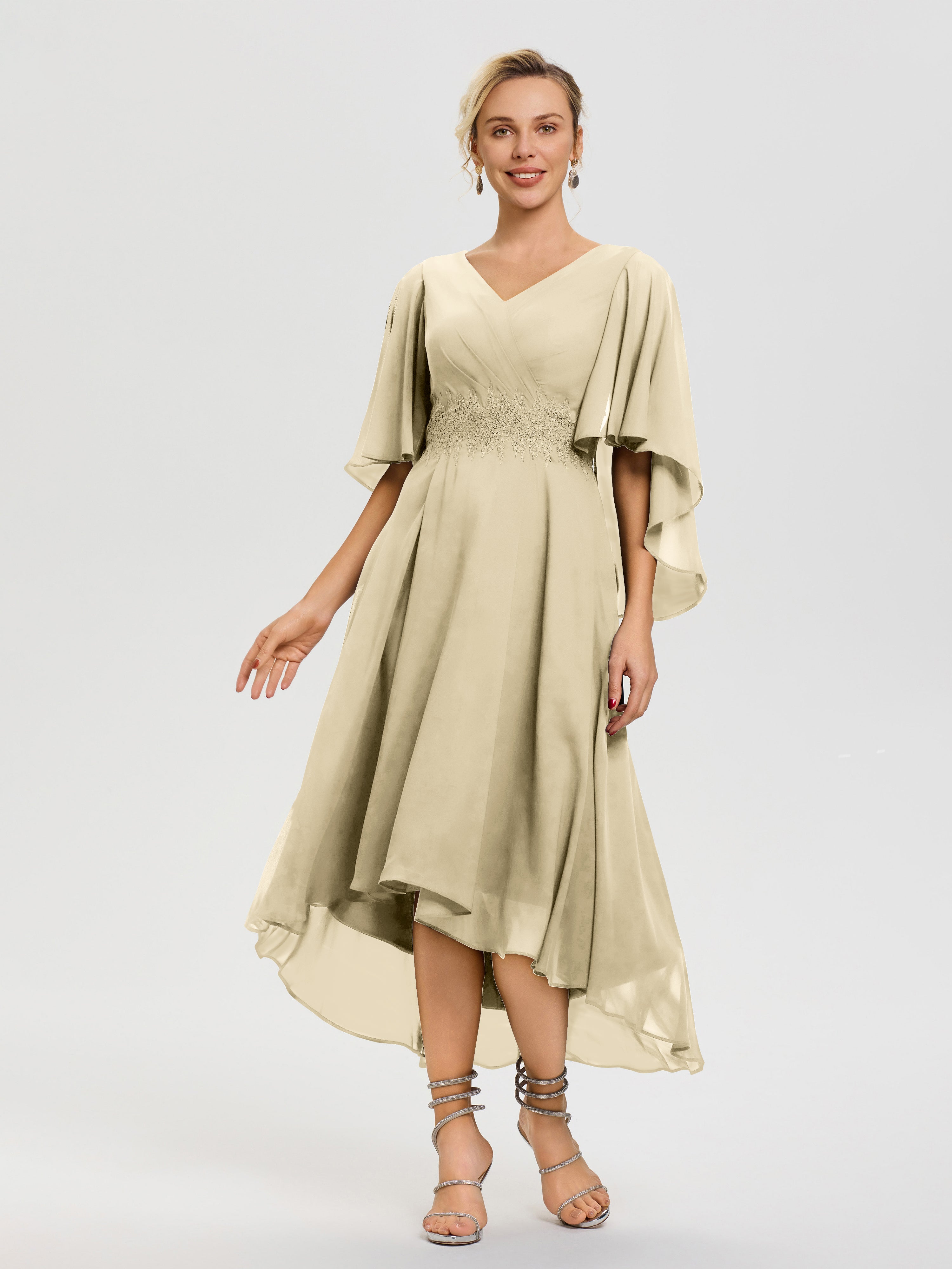 Mother Of The Bride Champagne Dresses A Line Chiffon V Neck Ruffle Sle