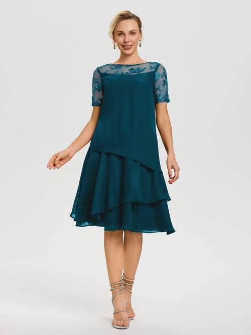 Ink Blue Mother Of The Bride Dresses A Line Illusion Neck Short Sleeve