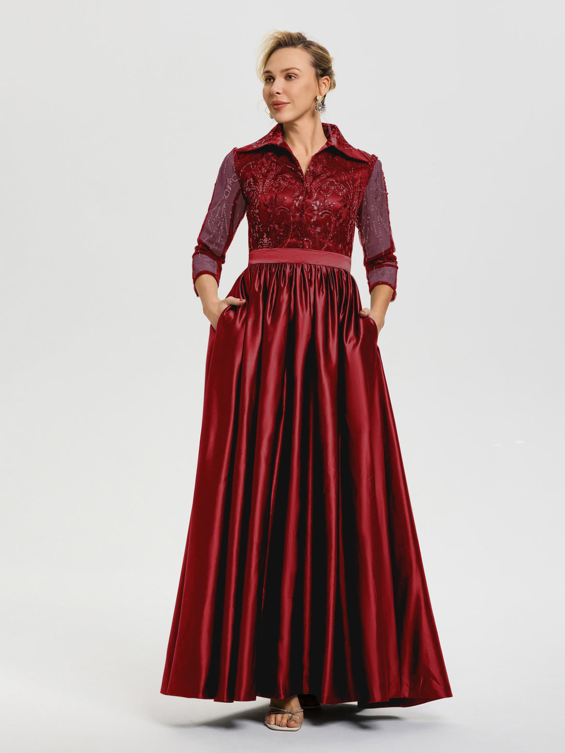 Burgundy Mother Of Bride Dress Satin V-Neck 3/4 Sleeves Lace Floor Len