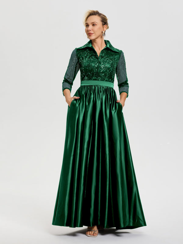 Dark Green Mother Of The Bride Satin V-Neck 3/4 Sleeves Lace Floor Len
