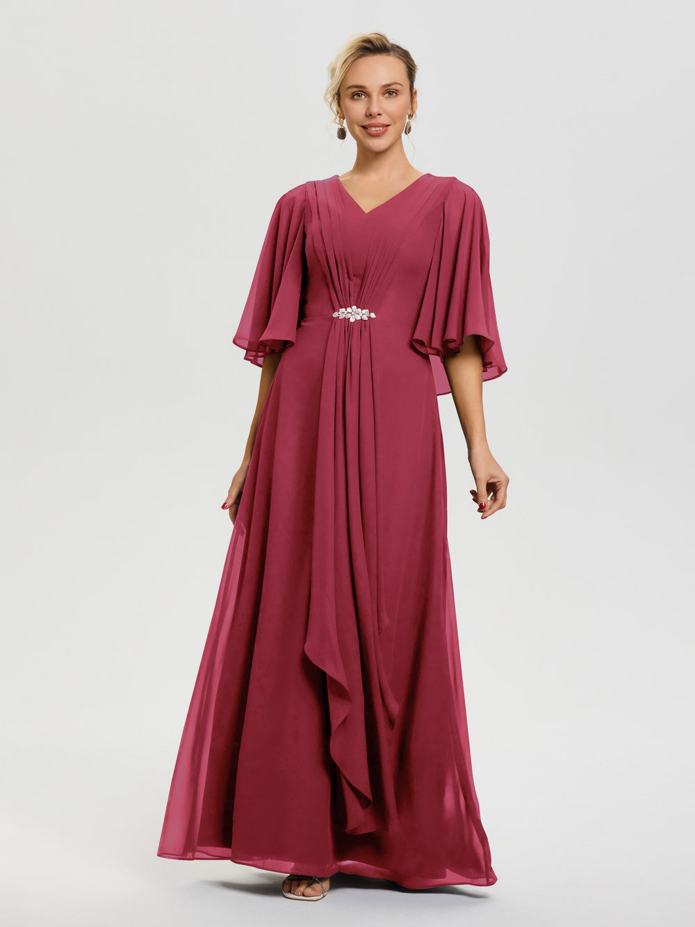 Cinnamon Rose Color Mother Of The Bride Dresses Flowy Ruffle Sleeves V