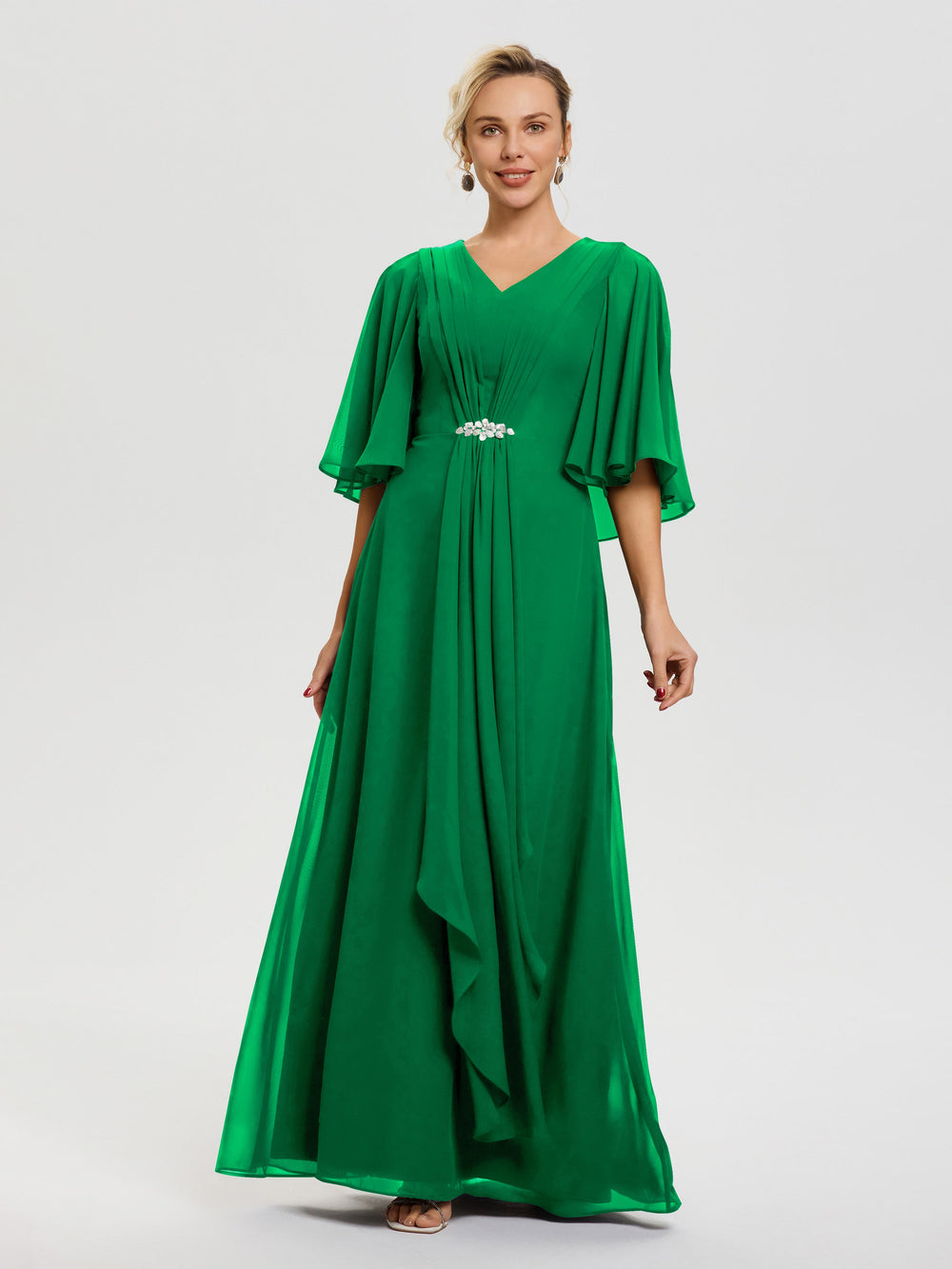 Emerald Green Mother Of Bride Dress Flowy Ruffle Sleeves V-Neck Ruched