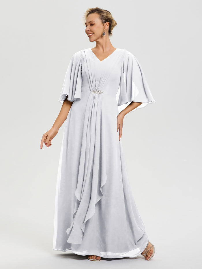 Mother Of The Bride White Dresses Flowy Ruffle Sleeves V-Neck Ruched B