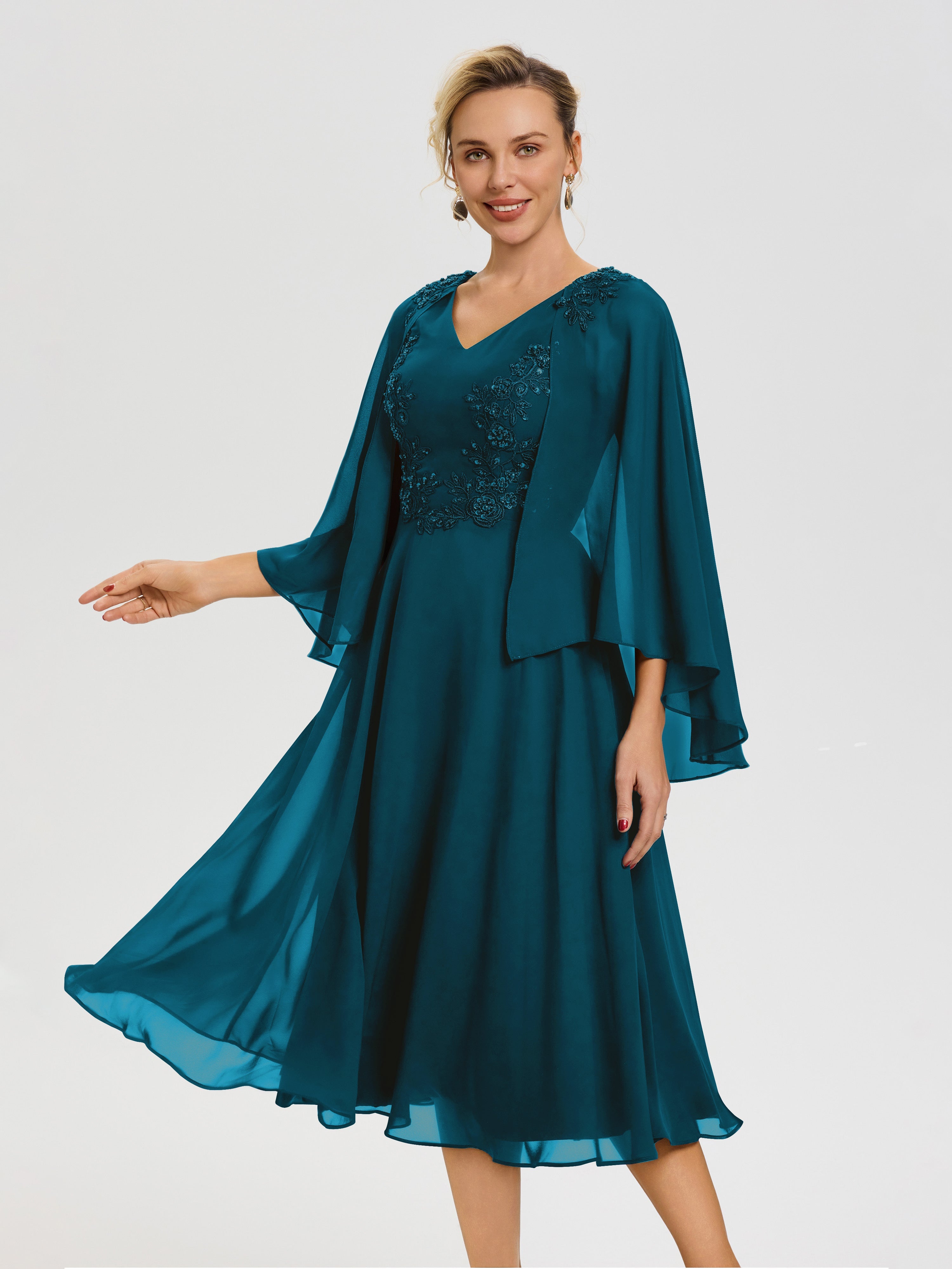 Ink Blue Mother Of The Bride Dress A-Line Appliques 3/4 Sleeves V-Neck