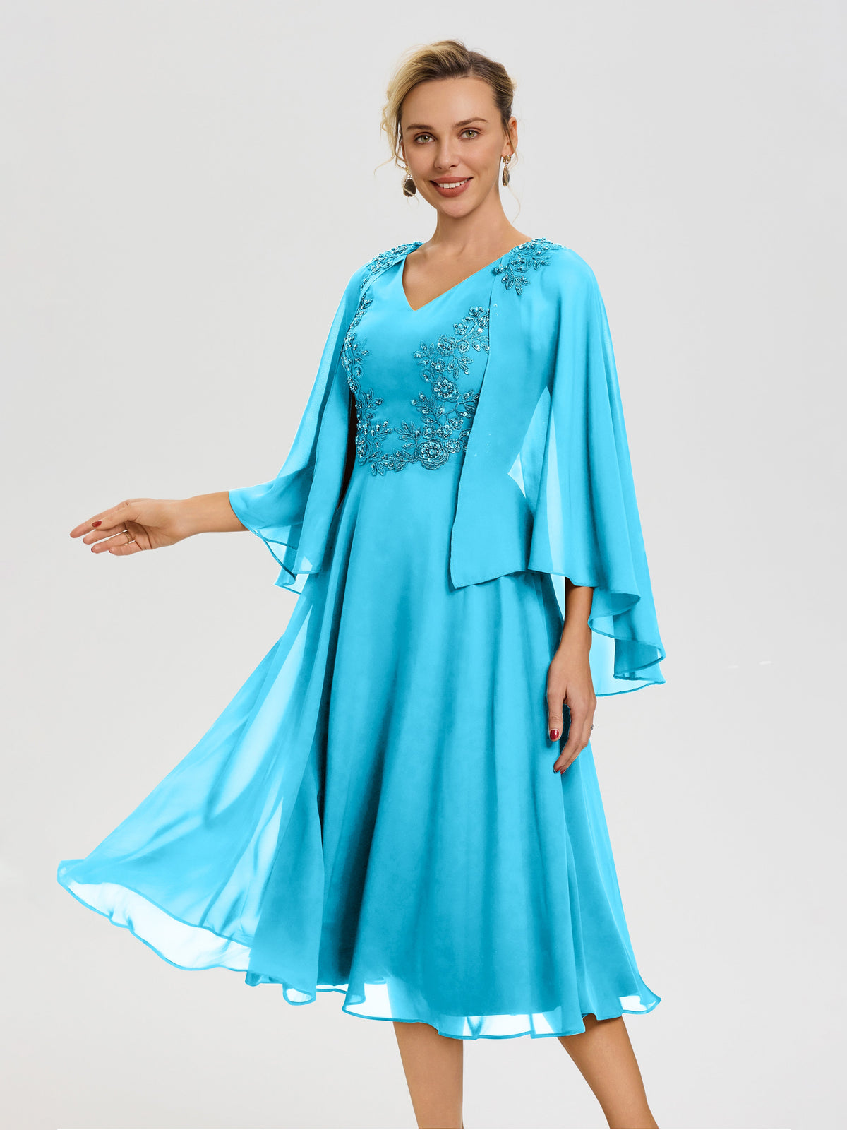 Pool Colored Mother Of The Bride Dress A-Line Appliques 3/4 Sleeves V-