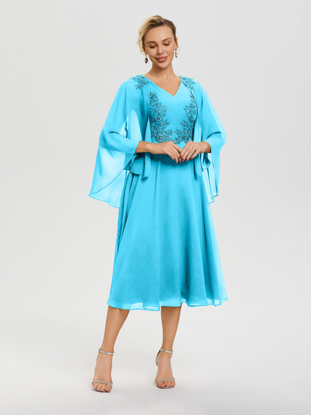 Pool Colored Mother Of The Bride Dress A-Line Appliques 3/4 Sleeves V-