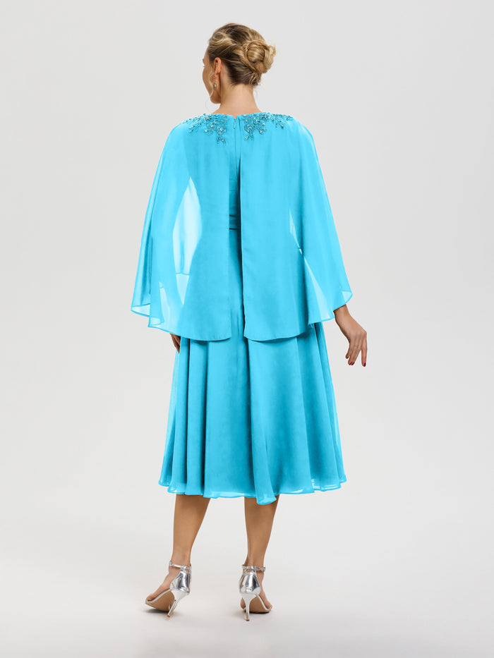 Pool Colored Mother Of The Bride Dress A-Line Appliques 3/4 Sleeves V-