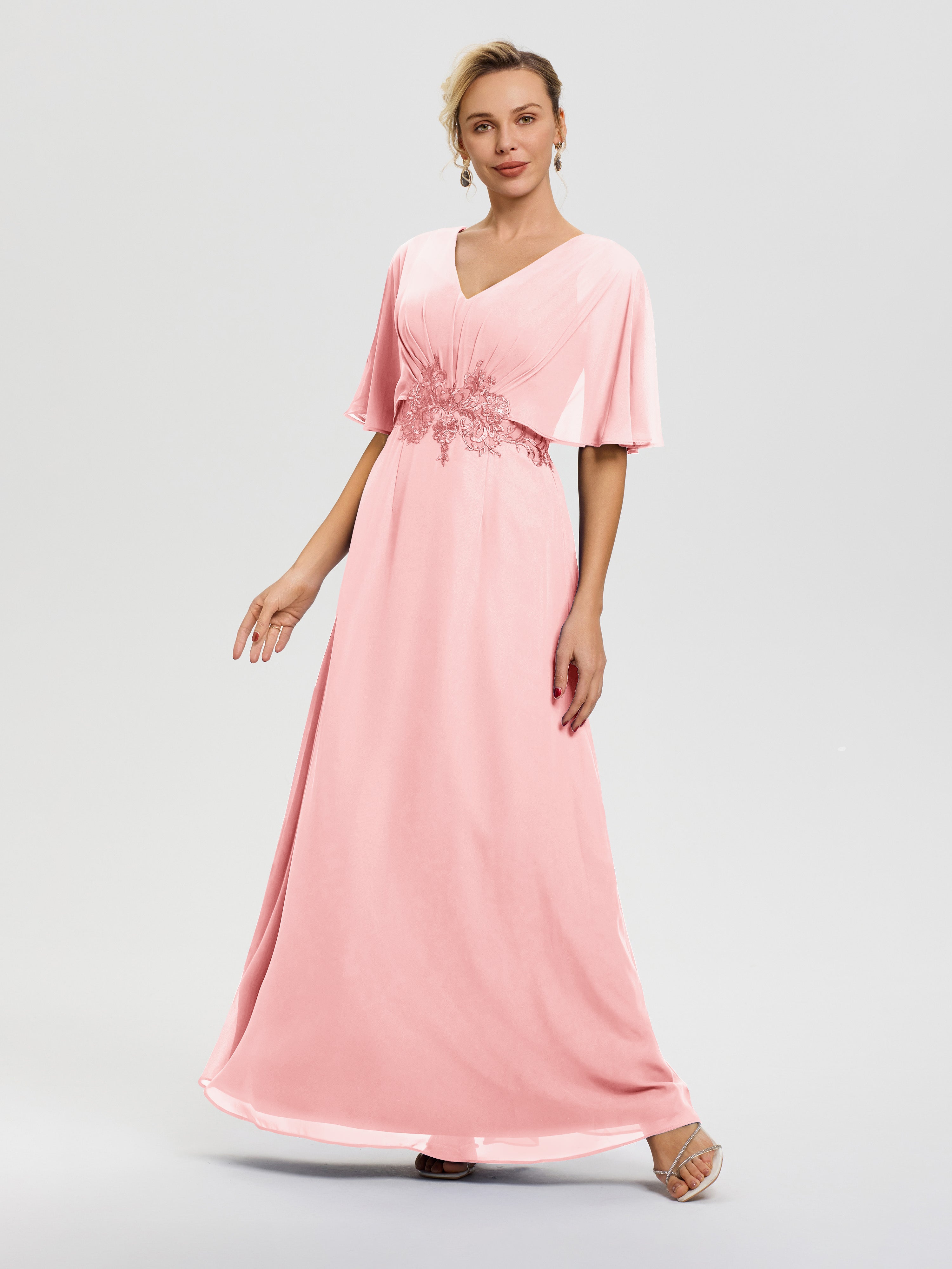 Blush Mother Of The Bride Dress With Sleeves V-Neck Appliques A-Line H