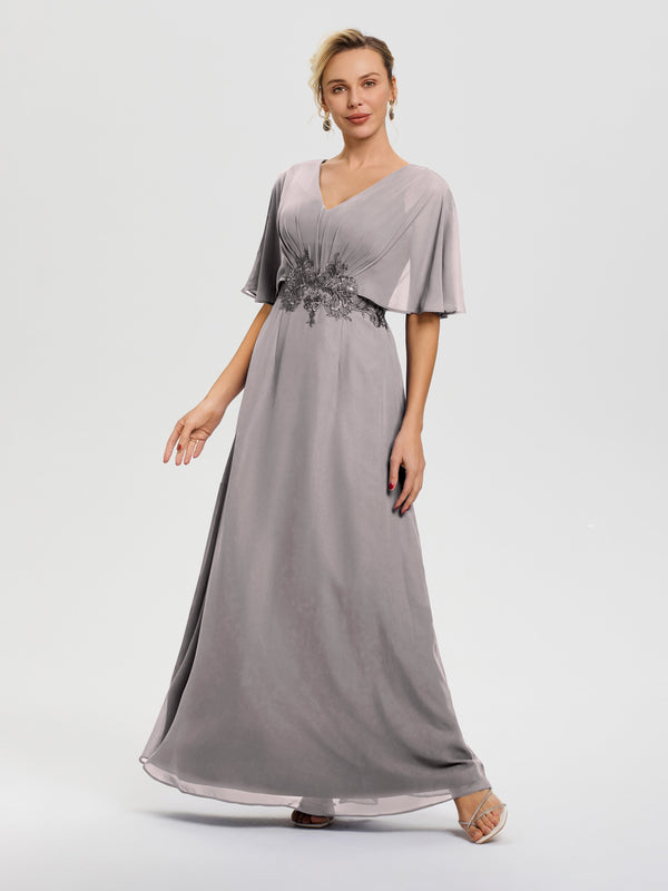 Silver Mother Of The Bride Long Dresses V-Neck Appliques A-Line Half S