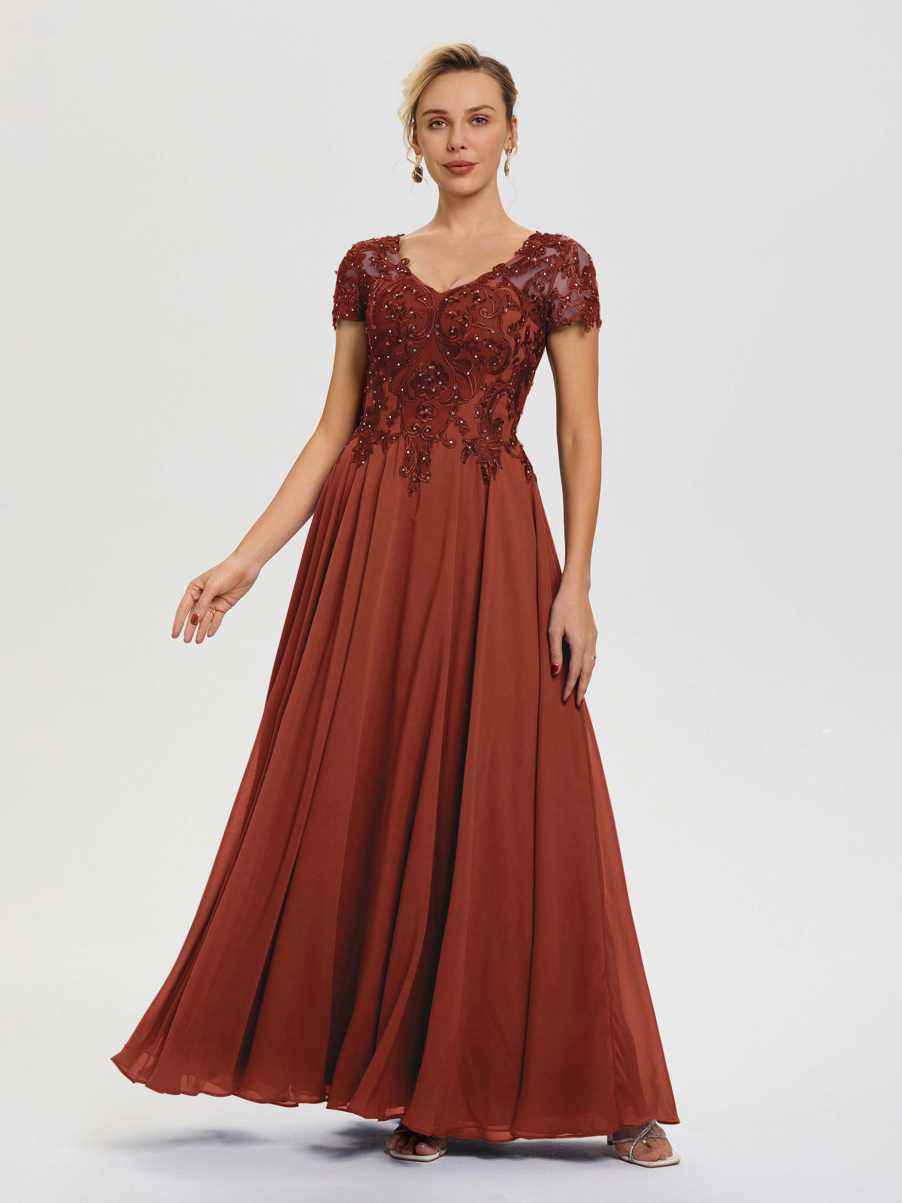 Rust Mother Of The Bride Dresses A-Line Lace Sleeves V-Neck Long Chiff