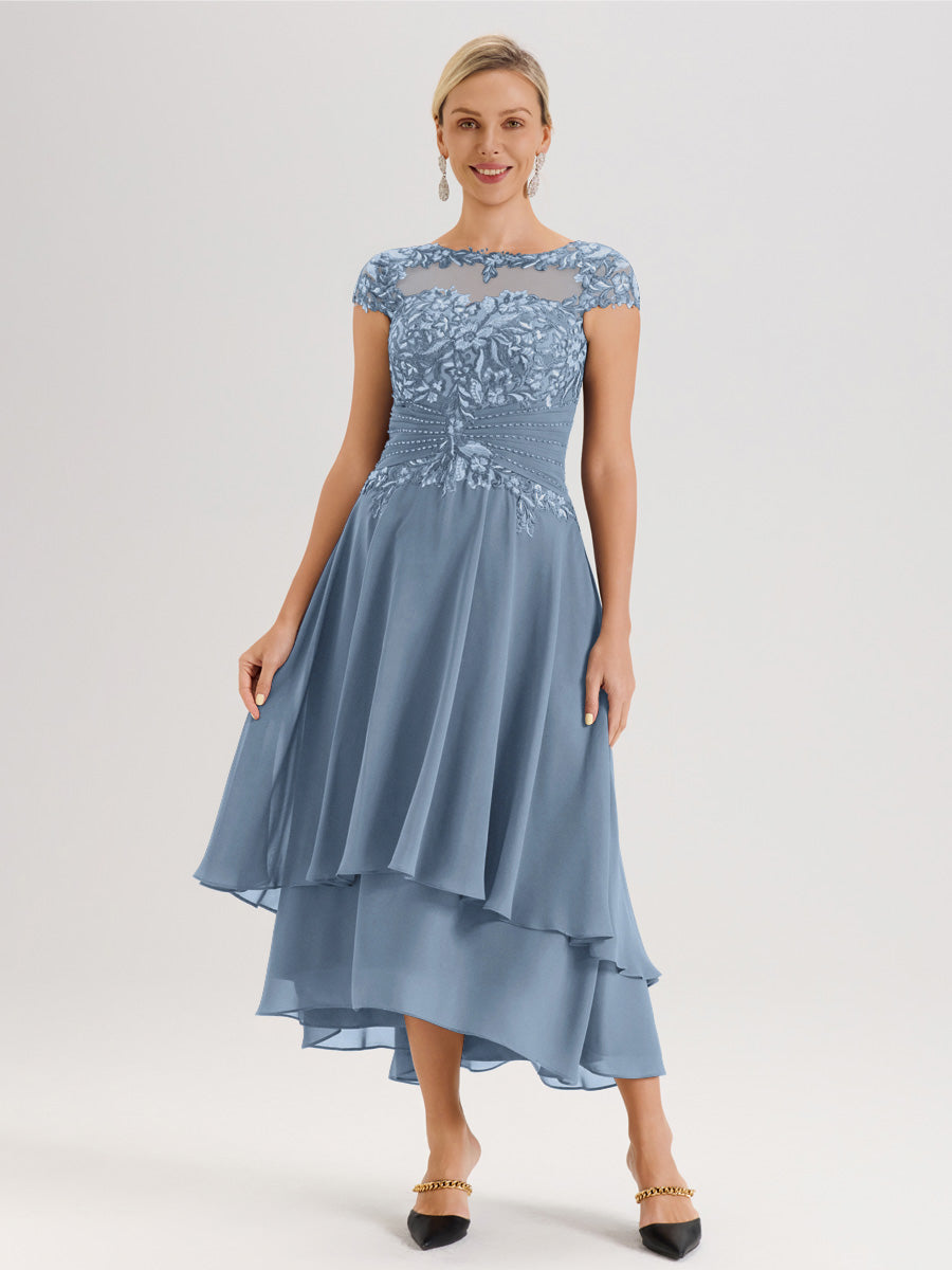Cicinia Slate Blue Mother Of The Bride Dresses Chiffon Layers Cap Slee