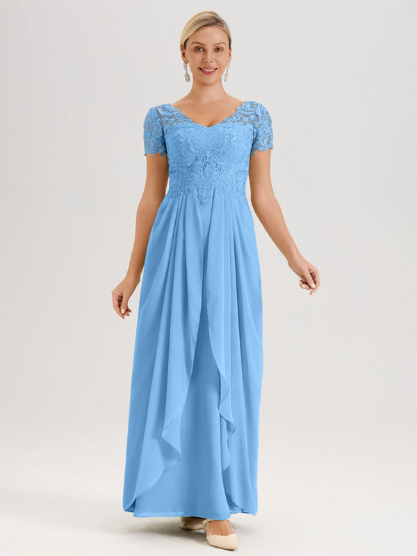 Cicinia Blue Mother Of The Bride Dresses Chiffon Sleeves Lace V-Neck R