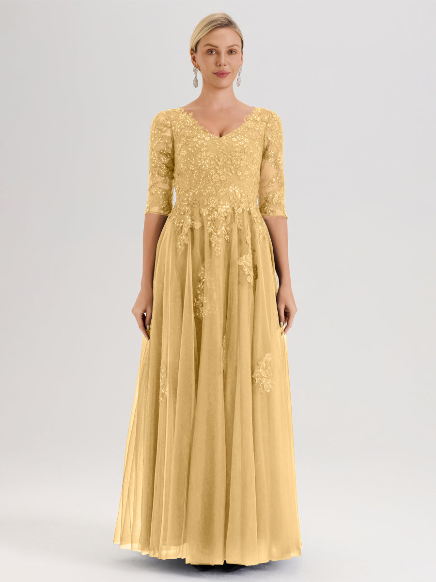 Cicinia Gold Mother Of The Bride Dresses Chiffon Tulle Sleeves V-Neck