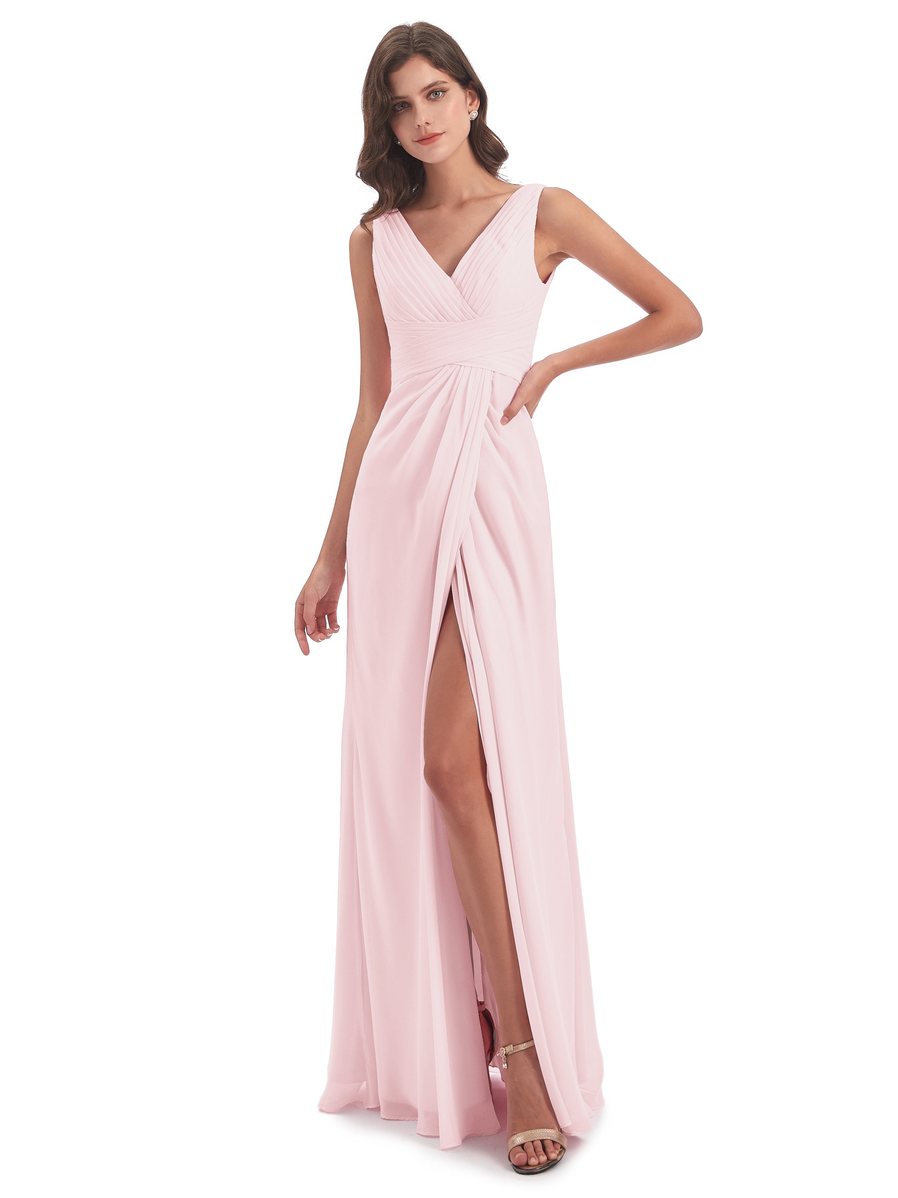 Light Blush Pink Bridesmaid Dresses Unique V Neck Long Chiffon Bridesm