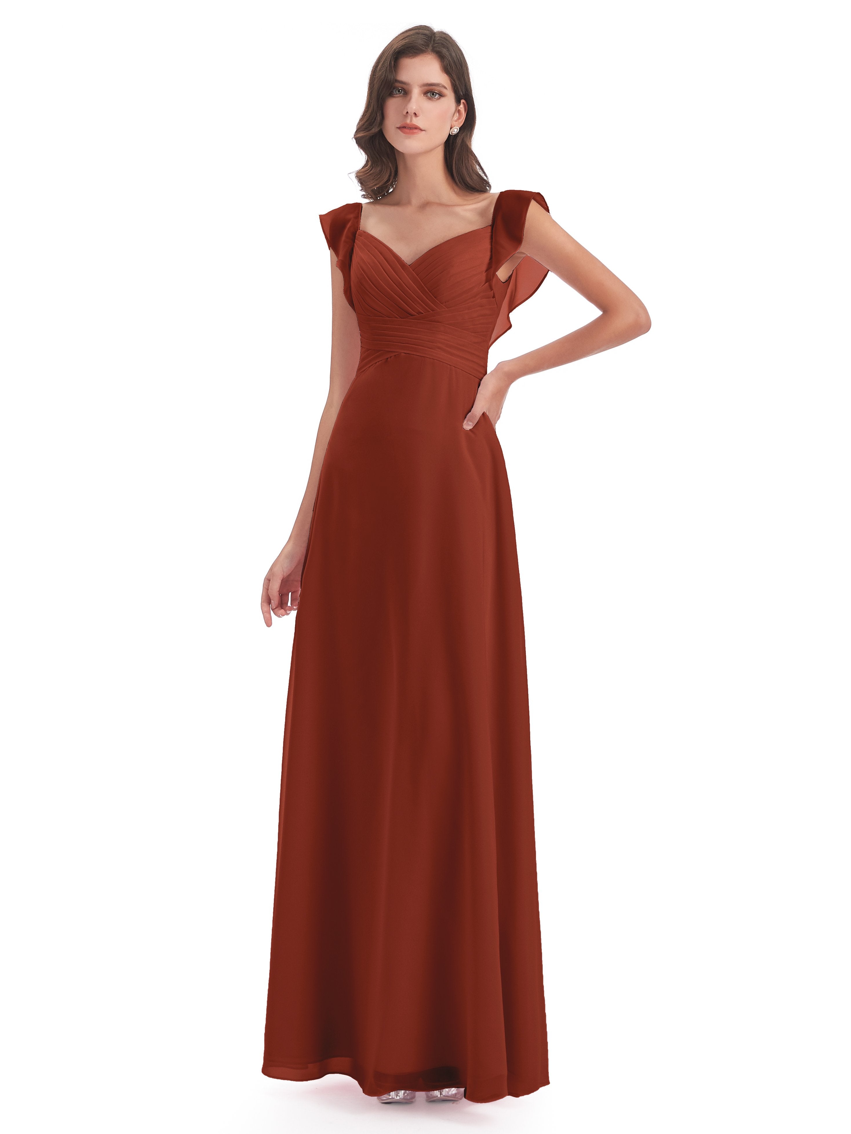 Rust Orange Bridesmaid Dresses Modern Sheath V Neck Long Chiffon Bride