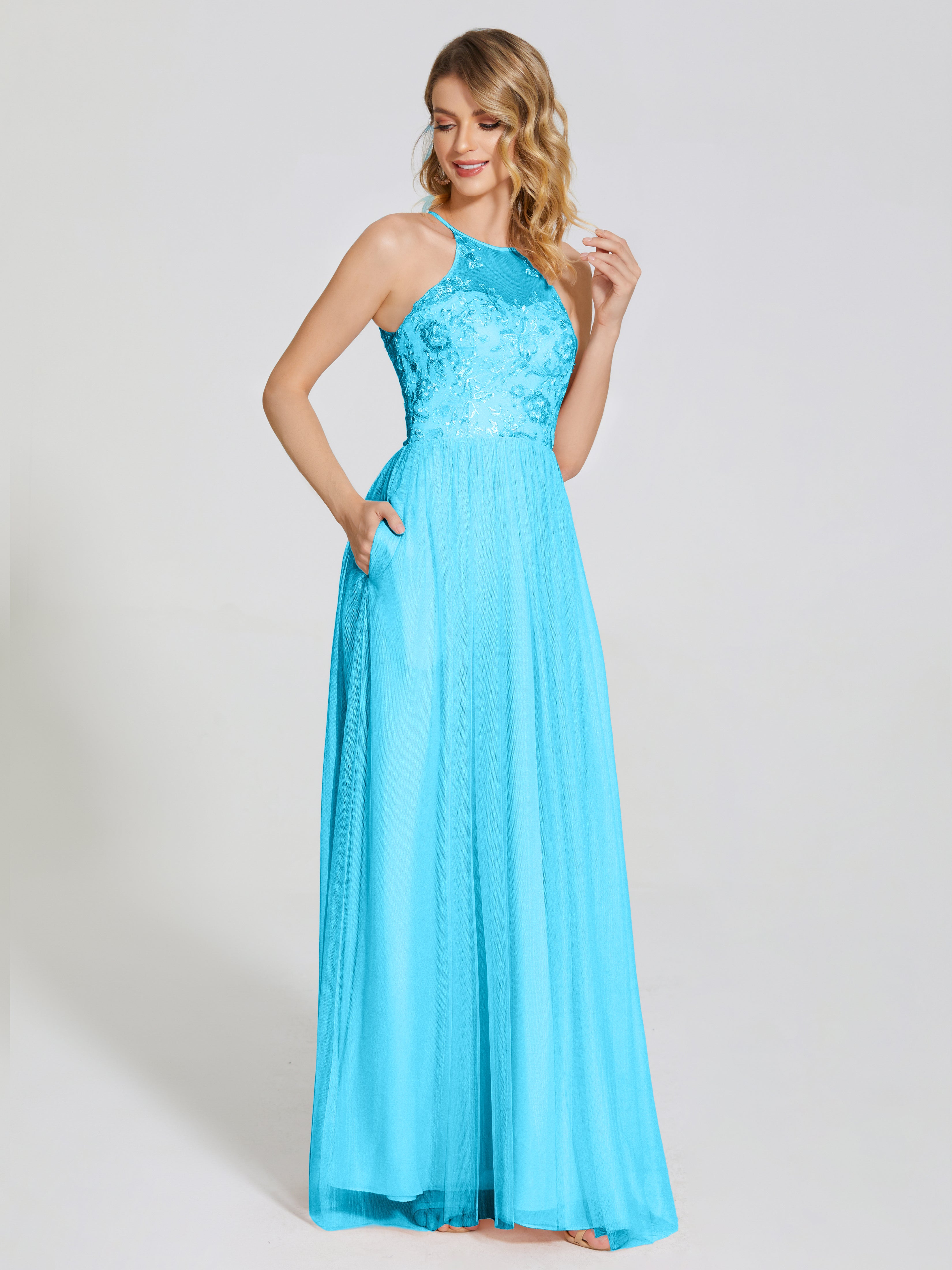 Pool Blue Bridesmaid Dresses Destiny Halter Embroidered Tulle Bridesma
