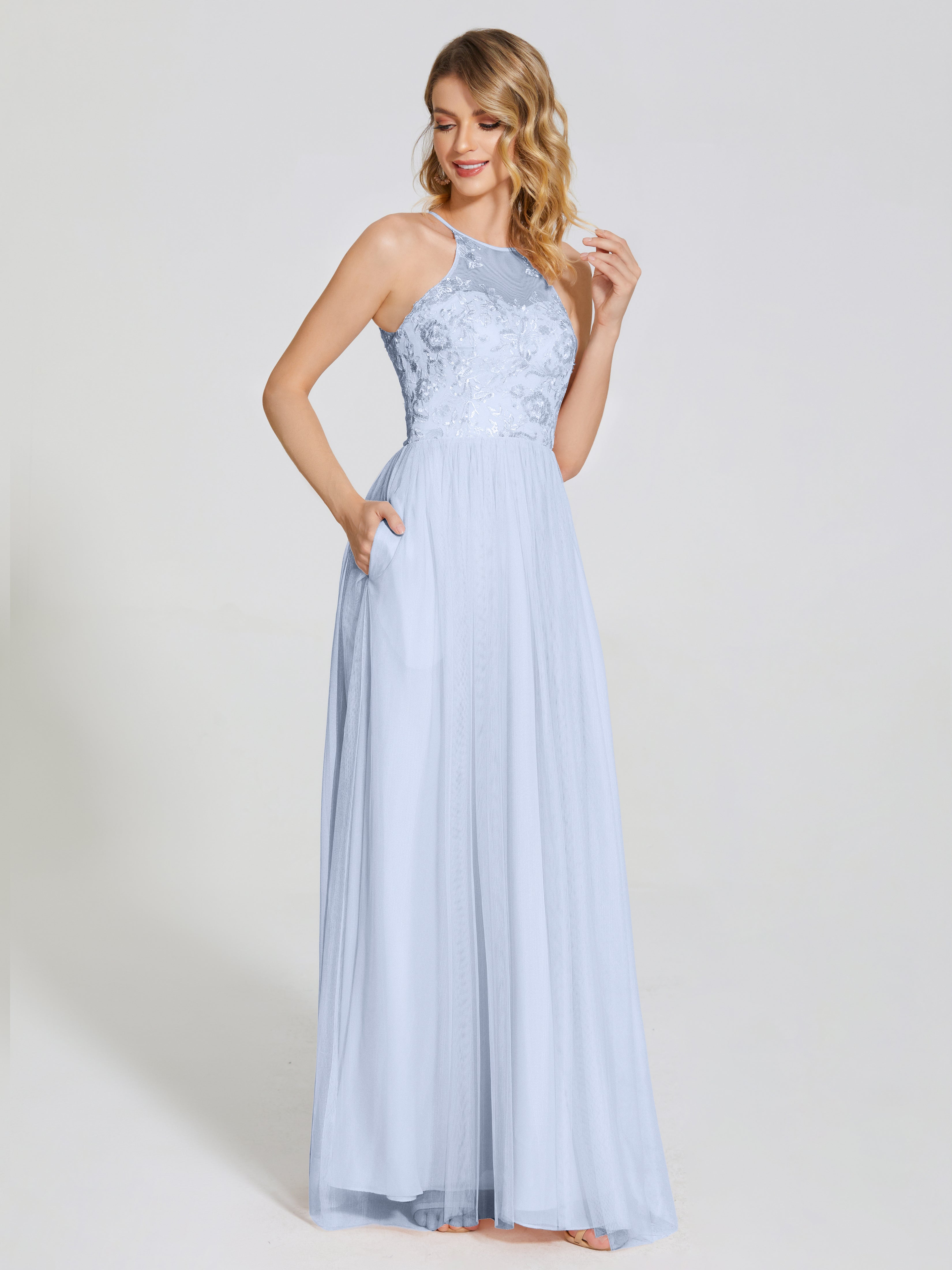 Bridesmaid Dress Sky Blue Destiny Halter Embroidered Tulle Bridesmaid