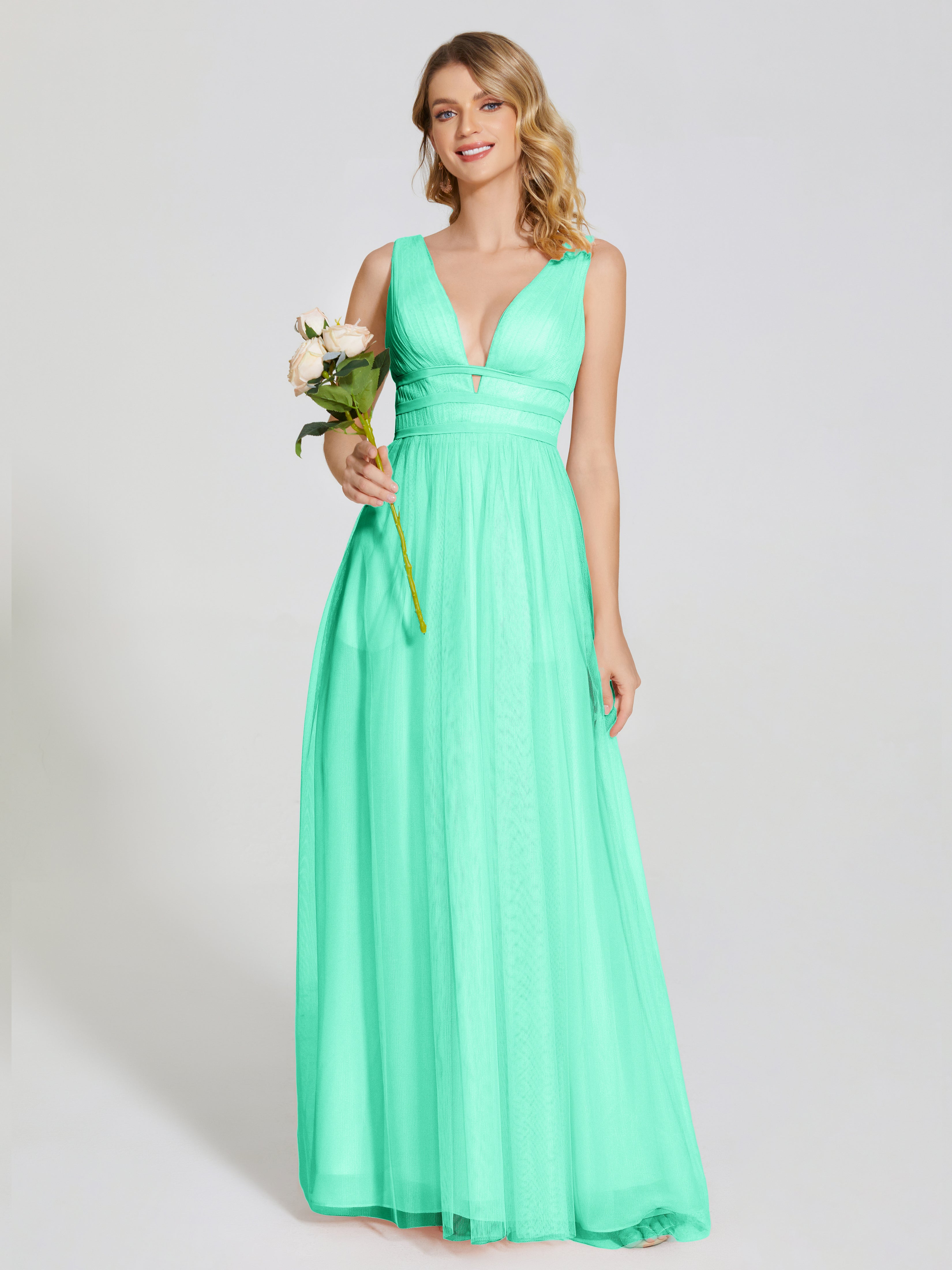 Bright Turquoise Bridesmaid Dresses Elliana Flowy V-Neck Tulle Bridesm
