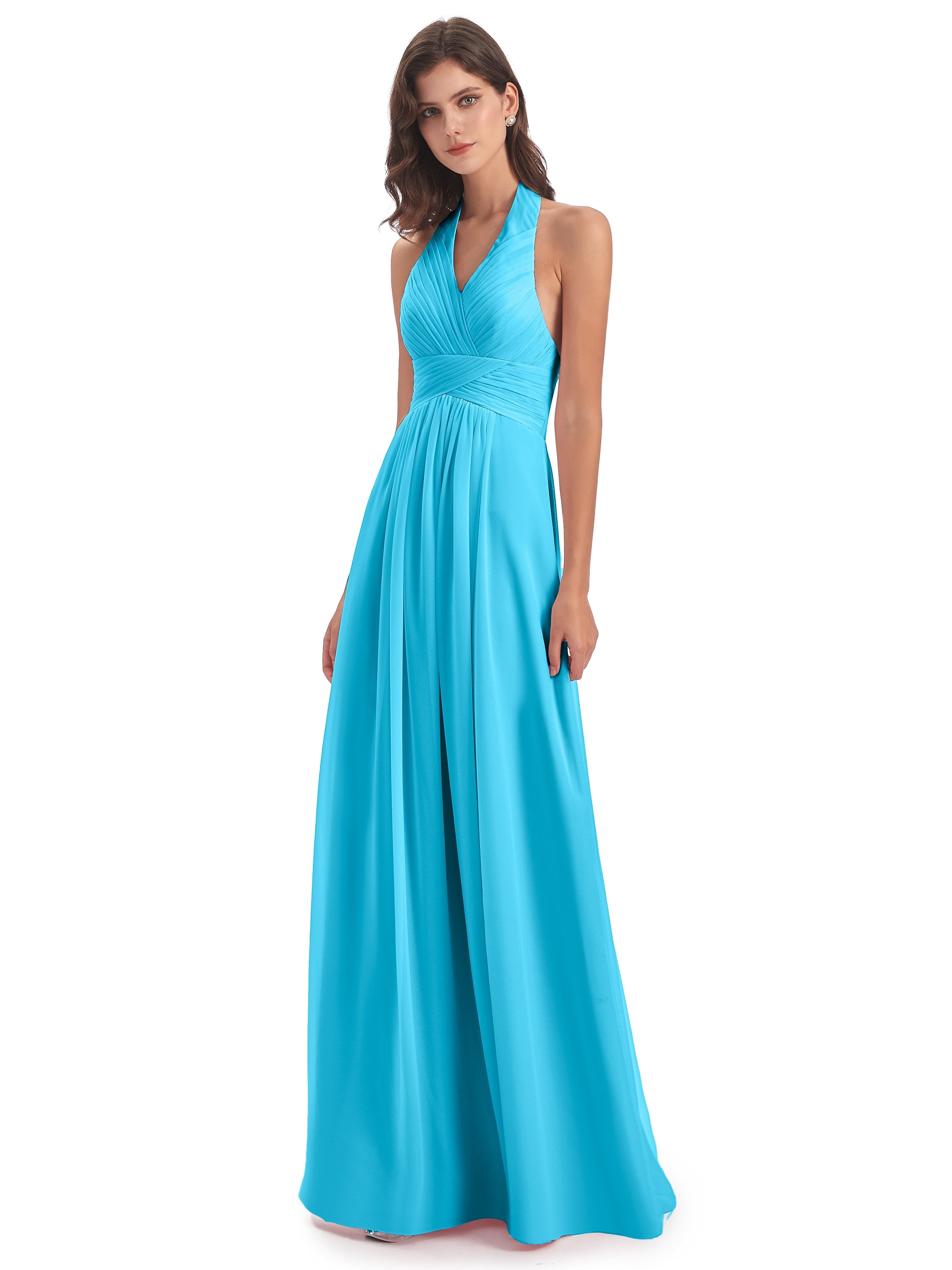 Bridesmaid Dresses Pool Blue Vintage Chiffon Halter Pleating Long Brid