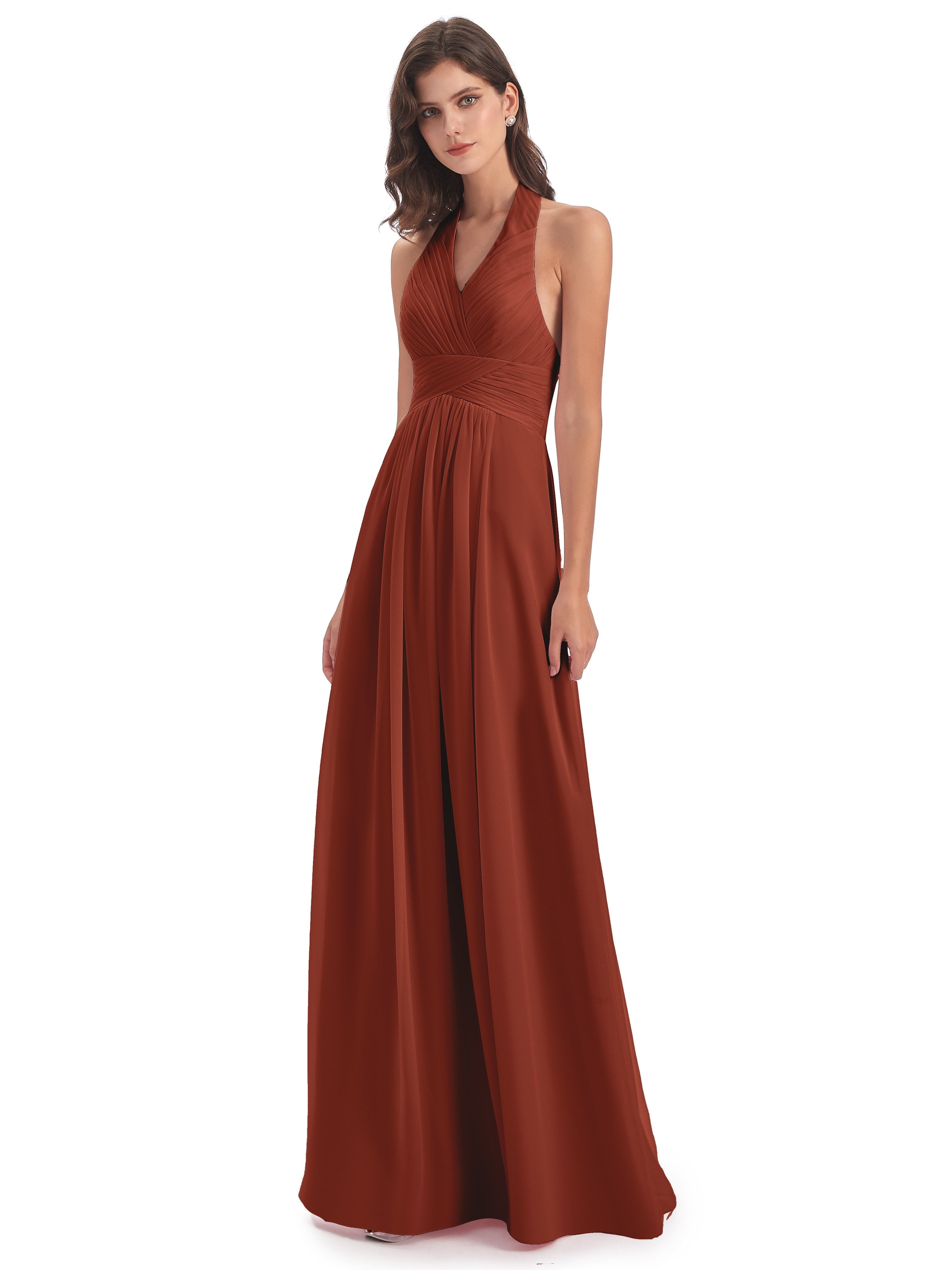 Rust Bridesmaid Dress Vintage Chiffon Halter Pleating Long Bridesmaid