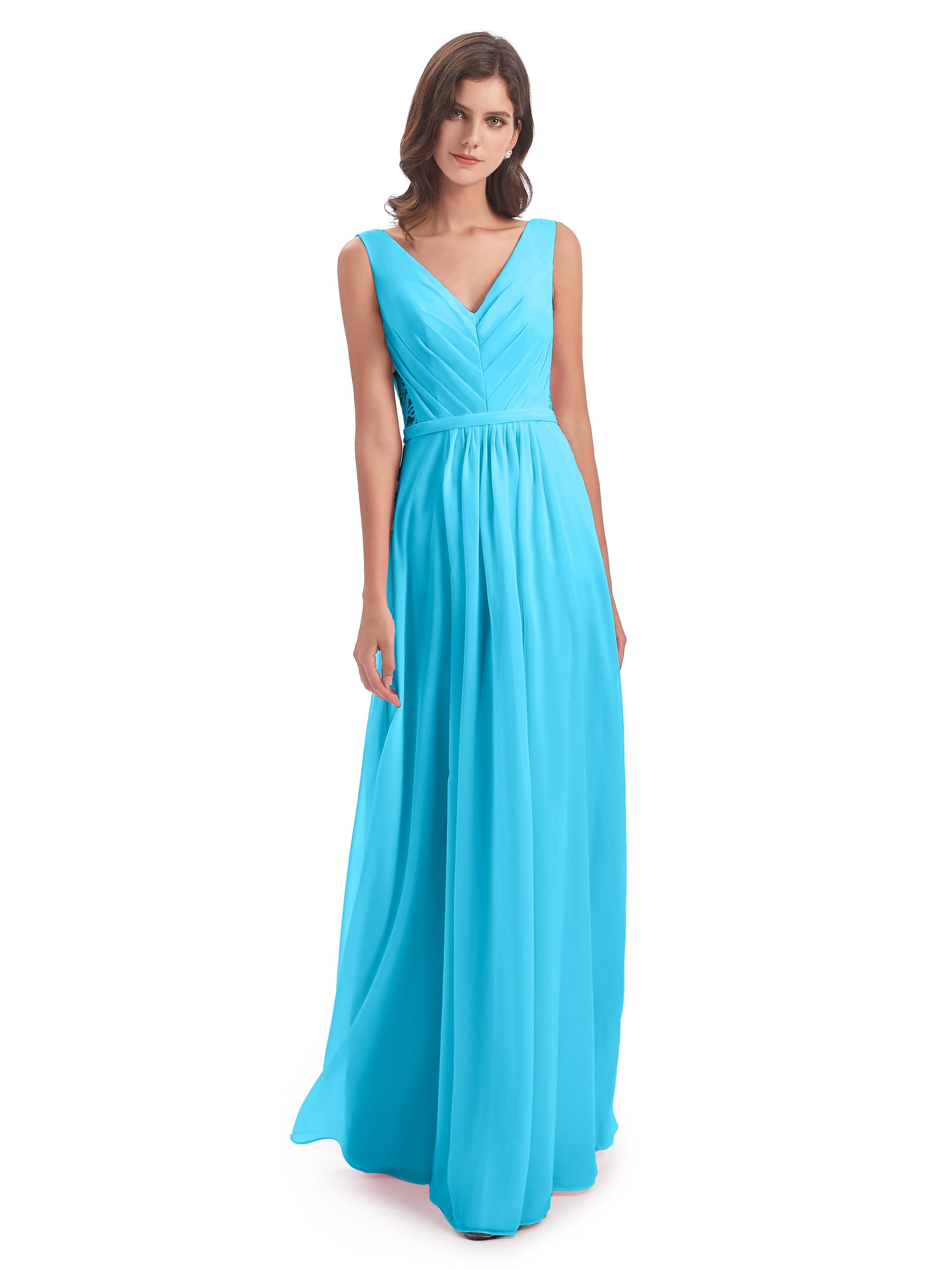 Pool Blue Bridesmaid Dresses Kailee Great Chiffon V-Neck Long Bridesma