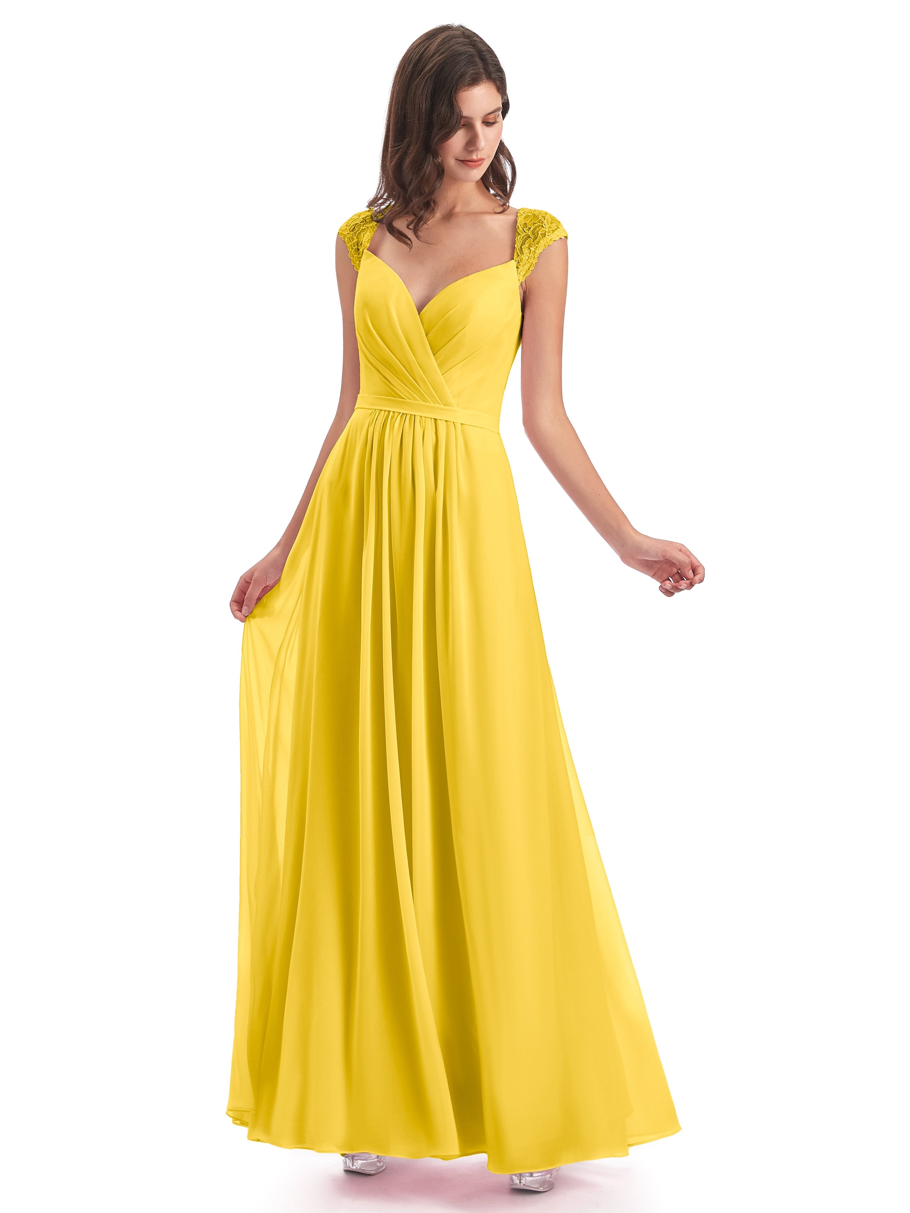 Marigold Bridesmaid Elegant Chiffon/Lace Cap Sleeves Long Bridesmaid D